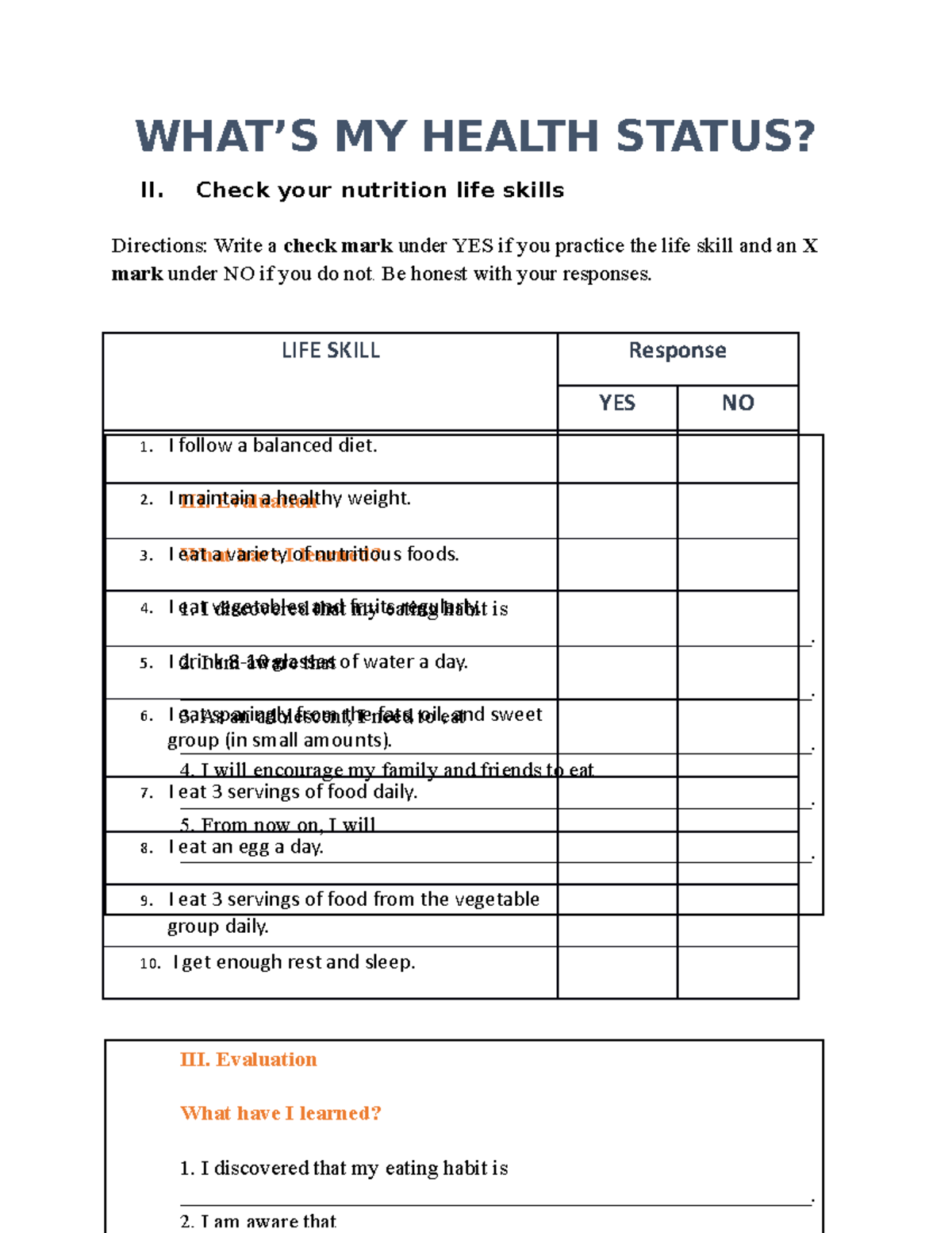 Activities - group - WHAT’S MY HEALTH STATUS? II. Check your nutrition ...