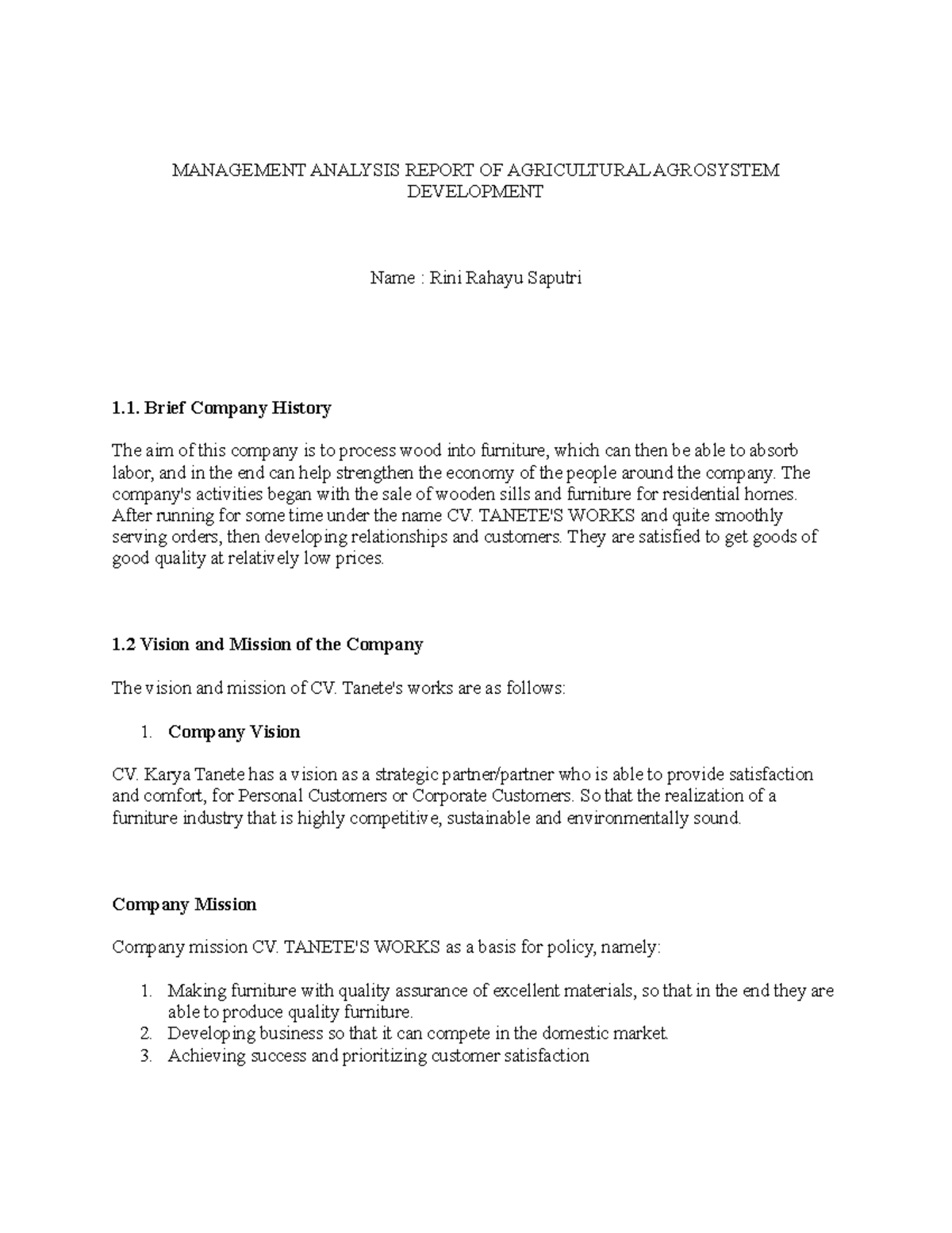 Management Analysis Report OF Agricultural Agrosystem Development ...