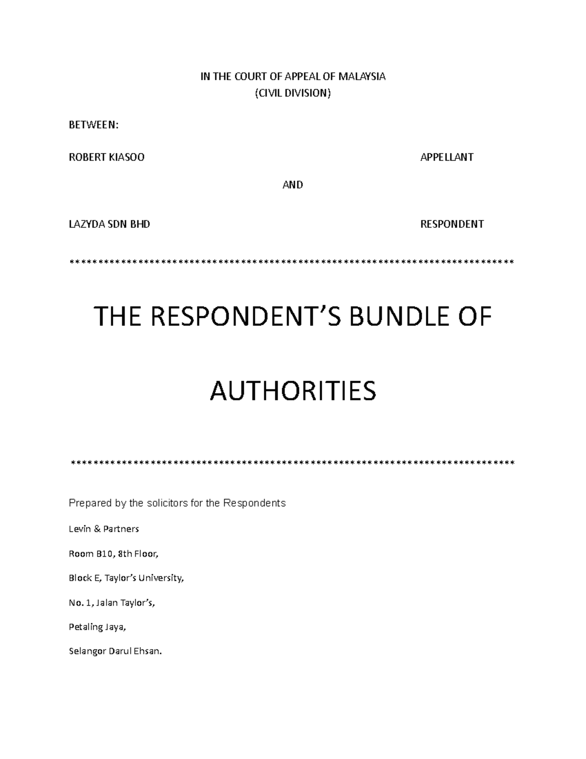 Final BOA (x4) - Bundle of Authorities for Contract Law - IN THE COURT ...