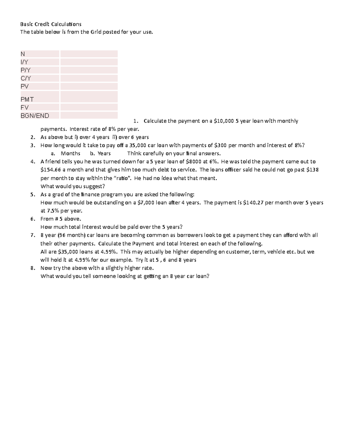 Basic Calculation review Questions - Basic Credit Calculations The ...