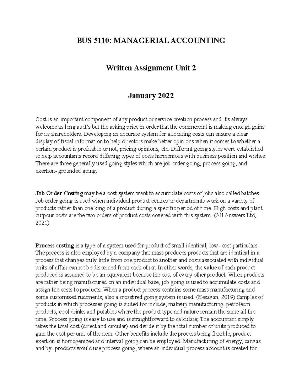 MA Unit 2 Written submission - BUS 5110: MANAGERIAL ACCOUNTING Written Assignment Unit 2 January ...