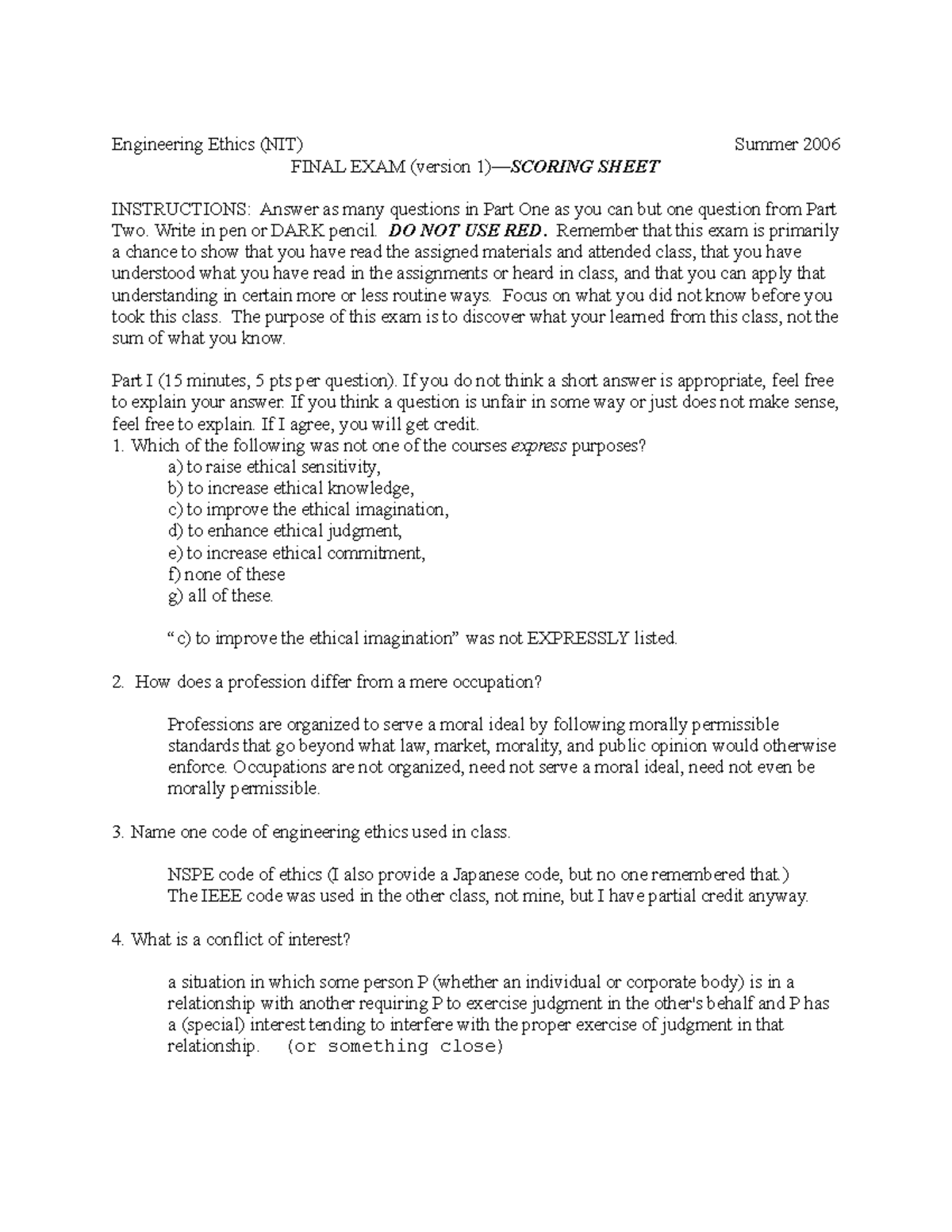 Engineering Ethics exam 1 NIT answer sheet - Engineering Ethics (NIT ...