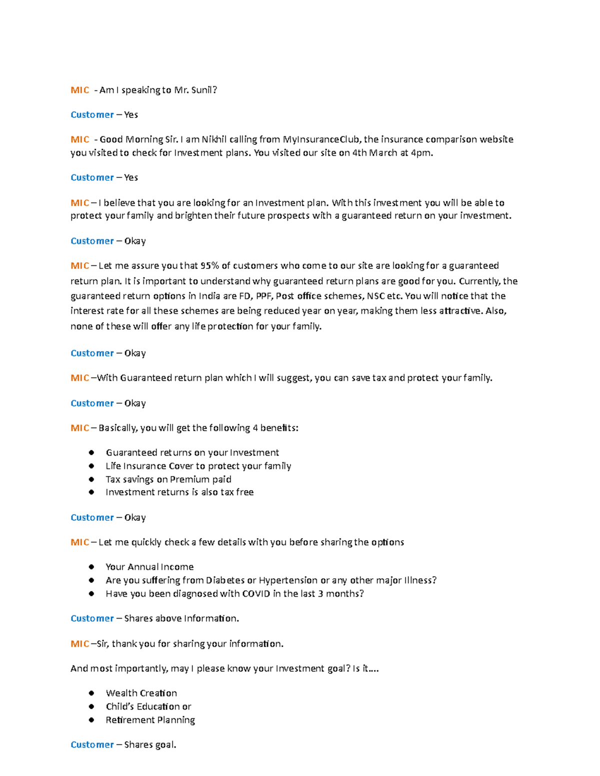 Tele Calling Script- Investment - MIC - Am I speaking to Mr. Sunil ...
