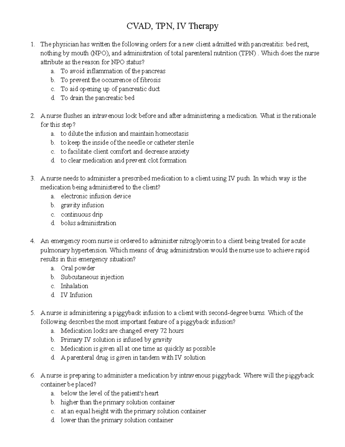 Cvadtpnivprac Test - Practice test for TPN and central venous access ...