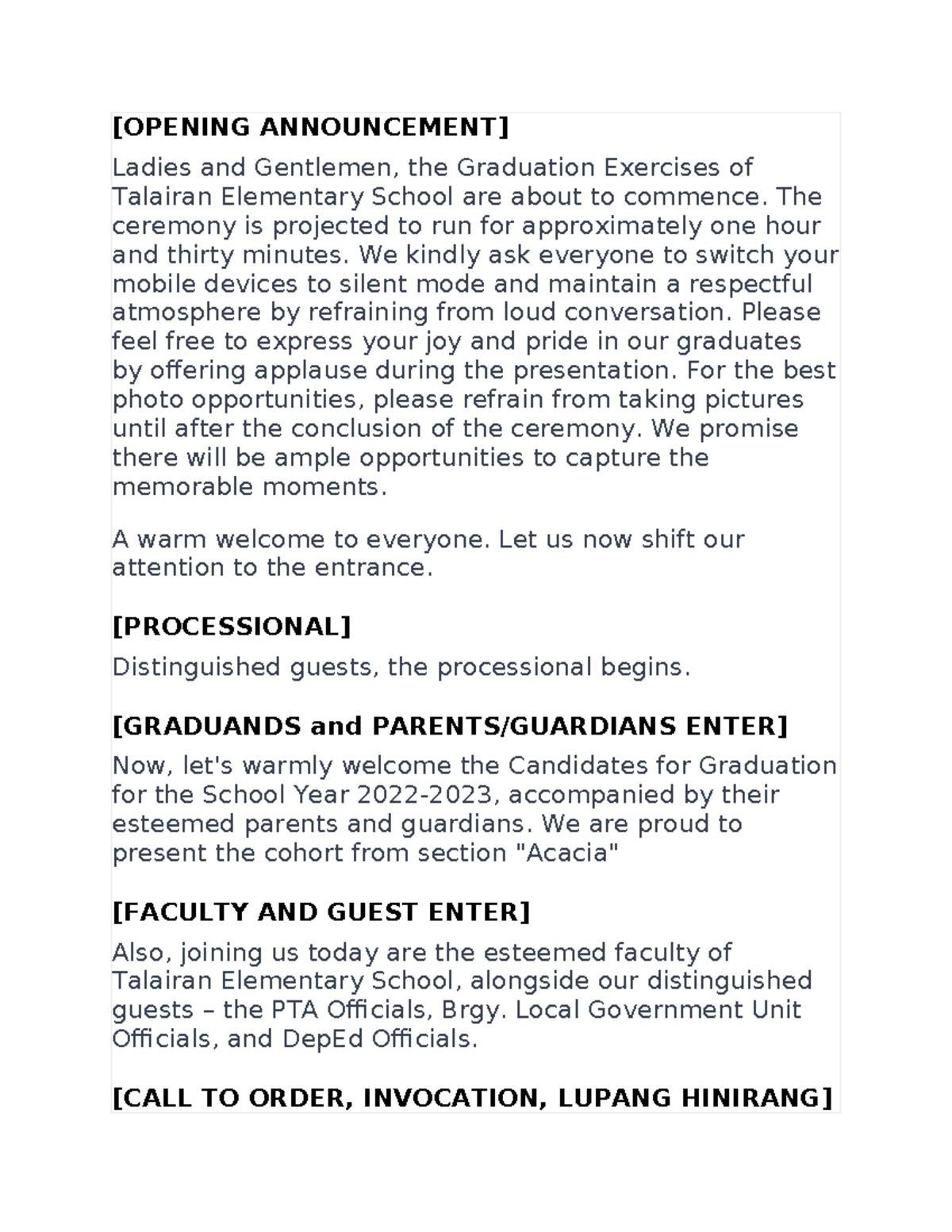 Script for graduation - [OPENING ANNOUNCEMENT] Ladies and Gentlemen ...