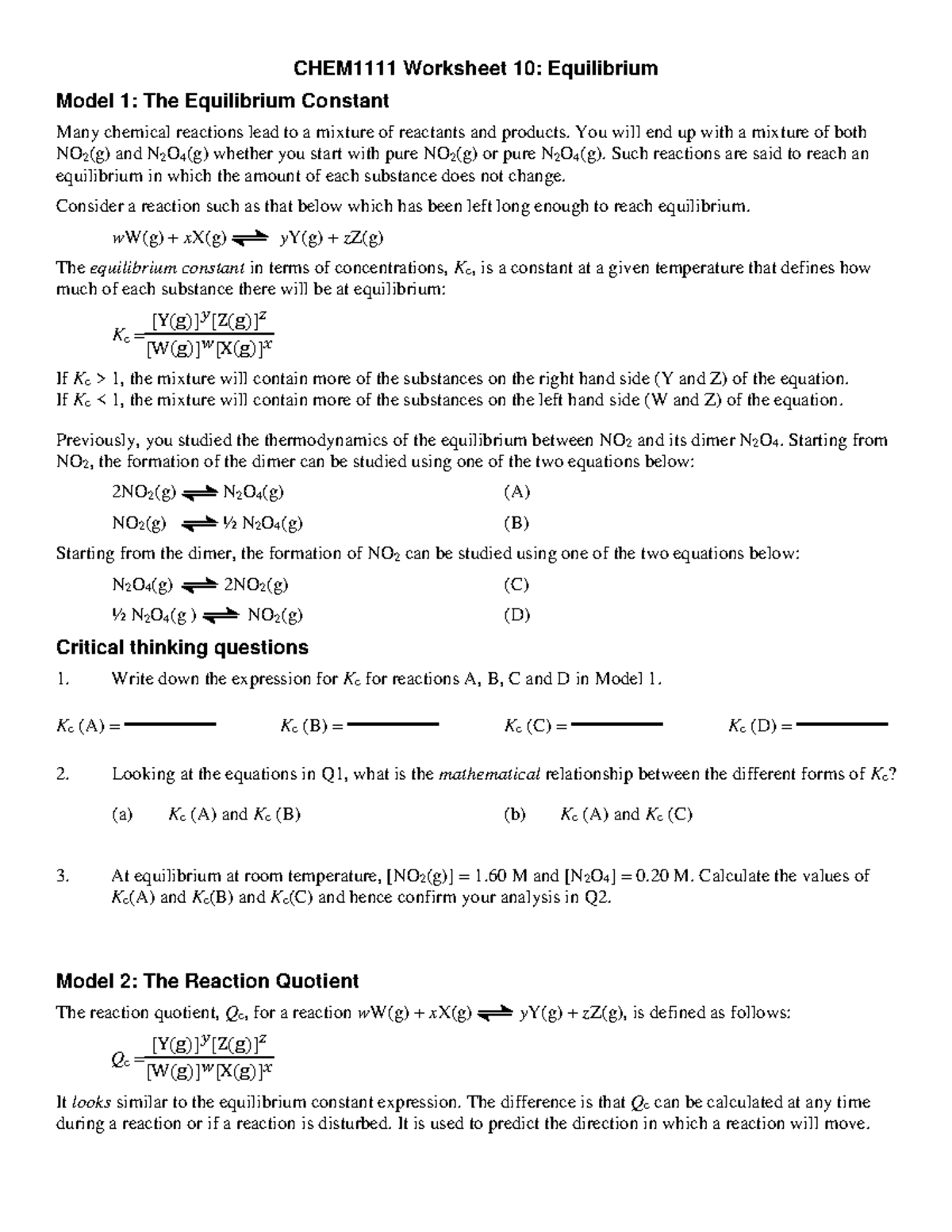 Tutorial 10 - CHEM1111 Worksheet 10: Equilibrium (practice work ...