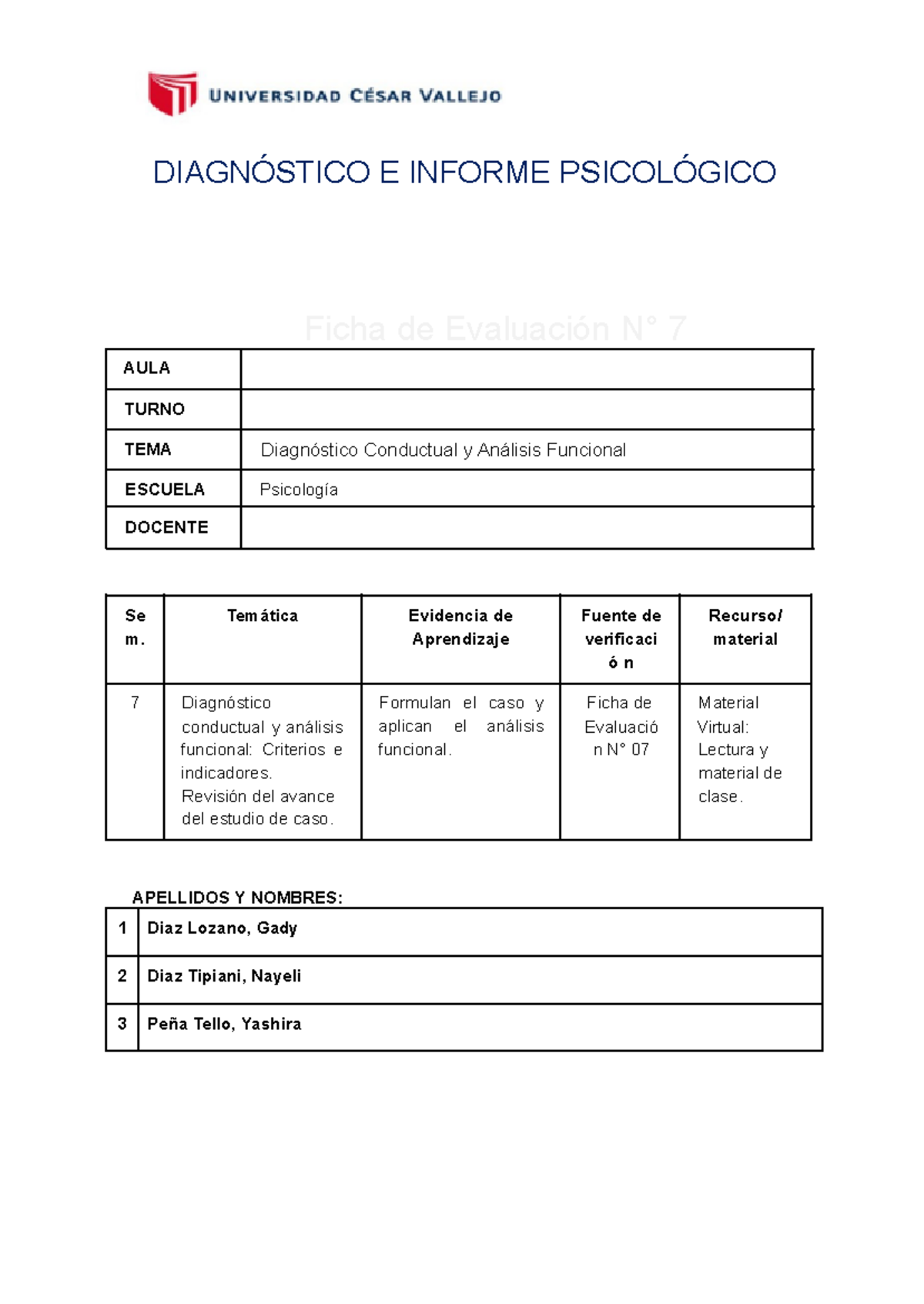 Ficha DE Evaluación -DIAG-INFO - Sesión 7 - 2024-2 - Tagged - DIAGNÓSTICO E INFORME PSICOLÓGICO ...