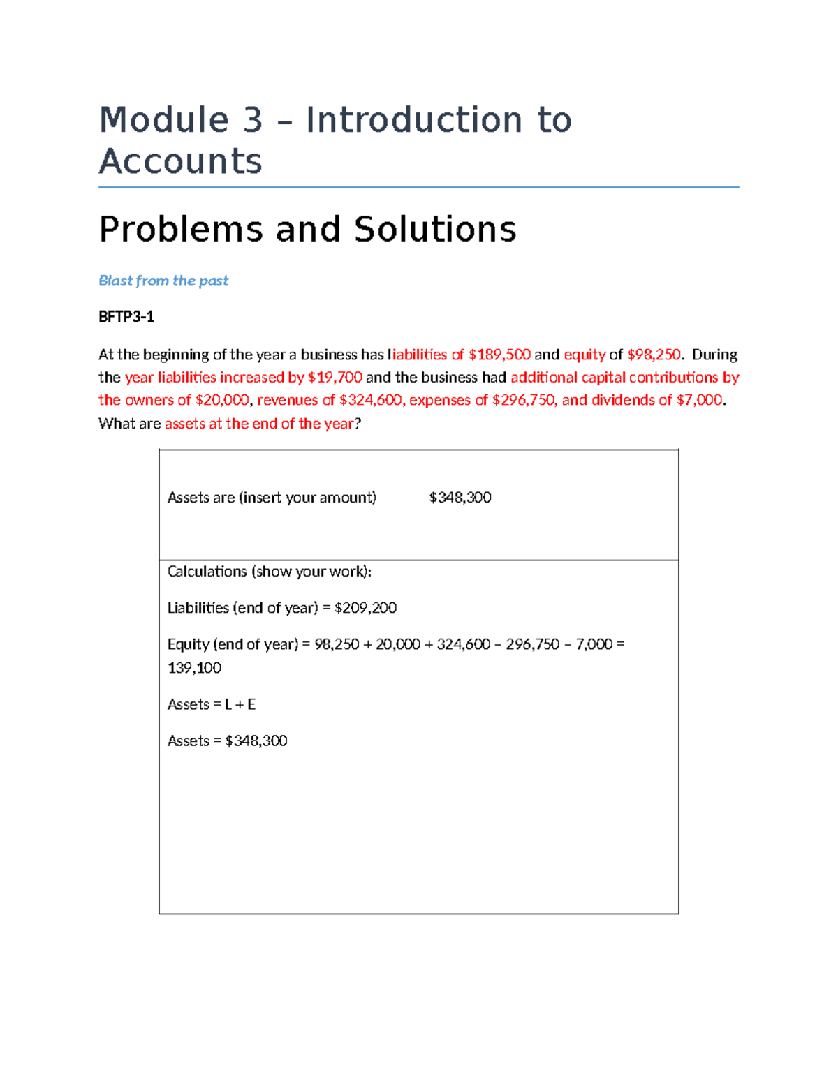Module 3 - Problems and Solutions - Module 3 – Introduction to Accounts Problems and Solutions ...