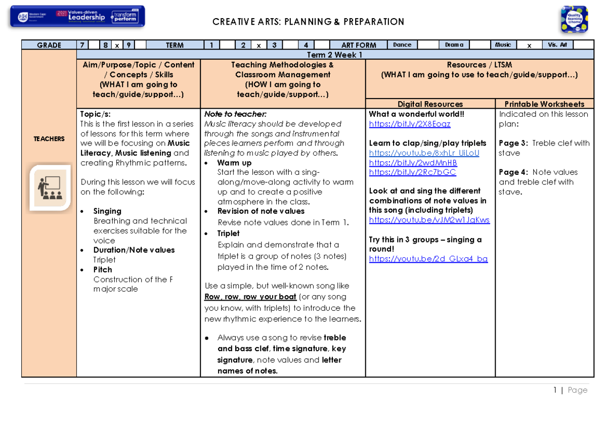 Lesson Plan Gr 8 Creative Arts Music T2 W1 - CREATIVE ARTS: PLANNING ...