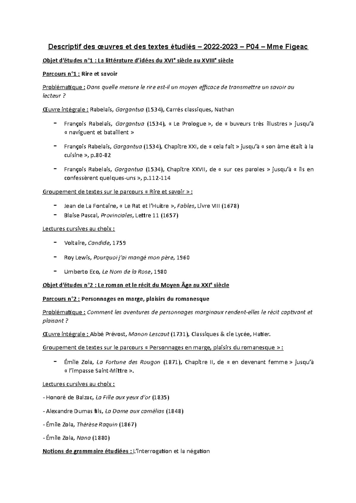 Groupement de textes bac 2023 - Descriptif des œuvres et des textes ...