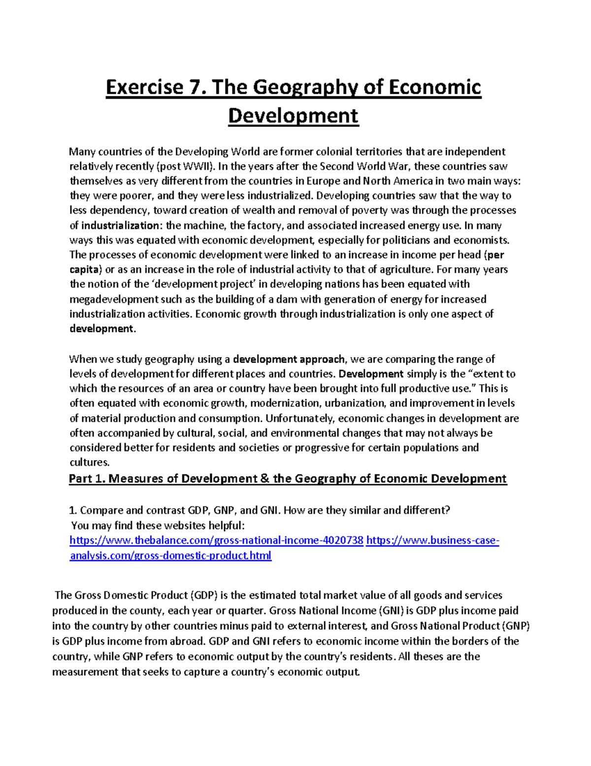 DONE Exercise 7. Geography of Economic Development - Exercise 7. The ...