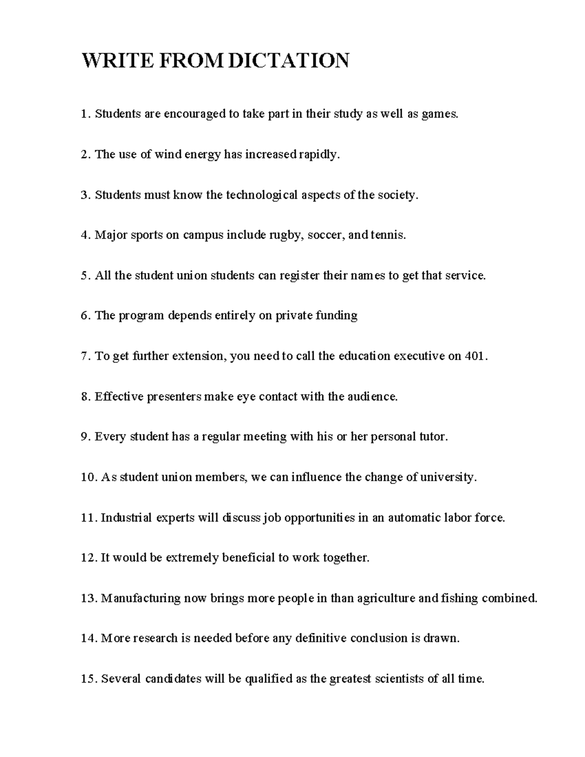 WFD - WRITE FROM DICTATION Students are encouraged to take part in ...