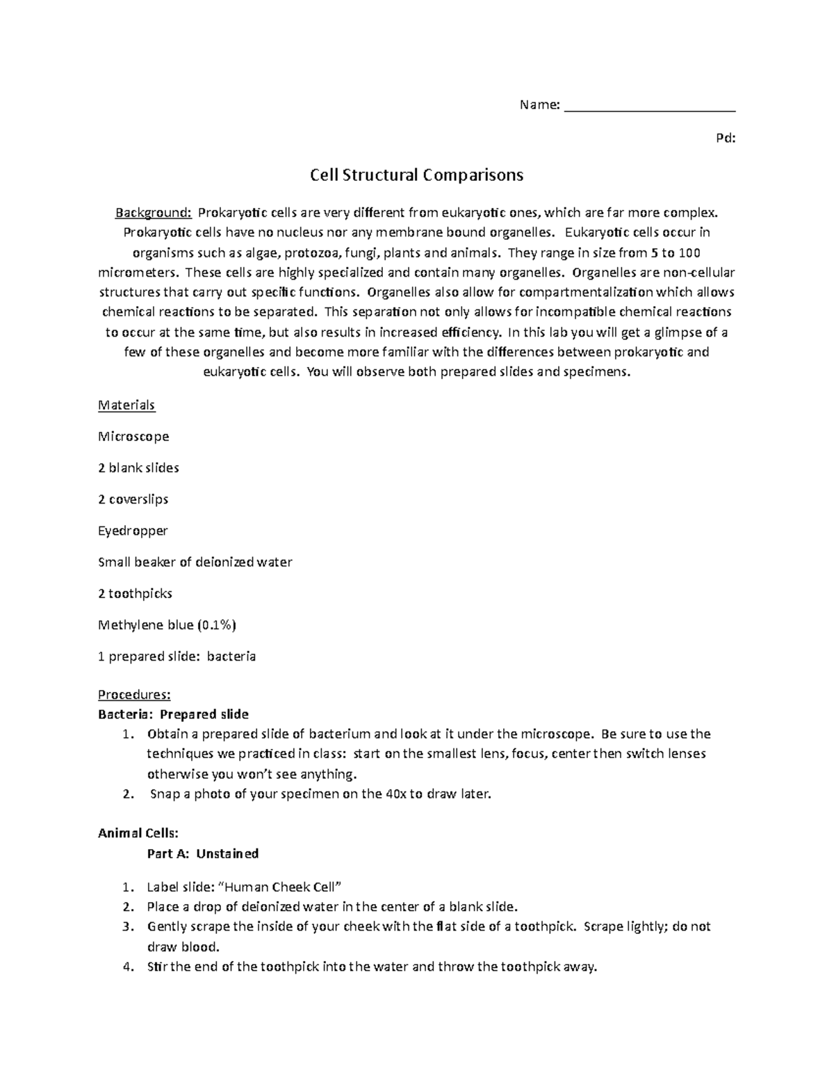 Cell Comparisons Lab - N/A - Name: _______________________ Pd: Cell ...