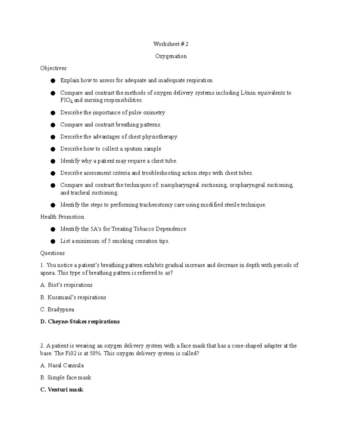PNC2 Oxygenation Worksheet-1 - Worksheet # 2 Oxygenation Objectives ...