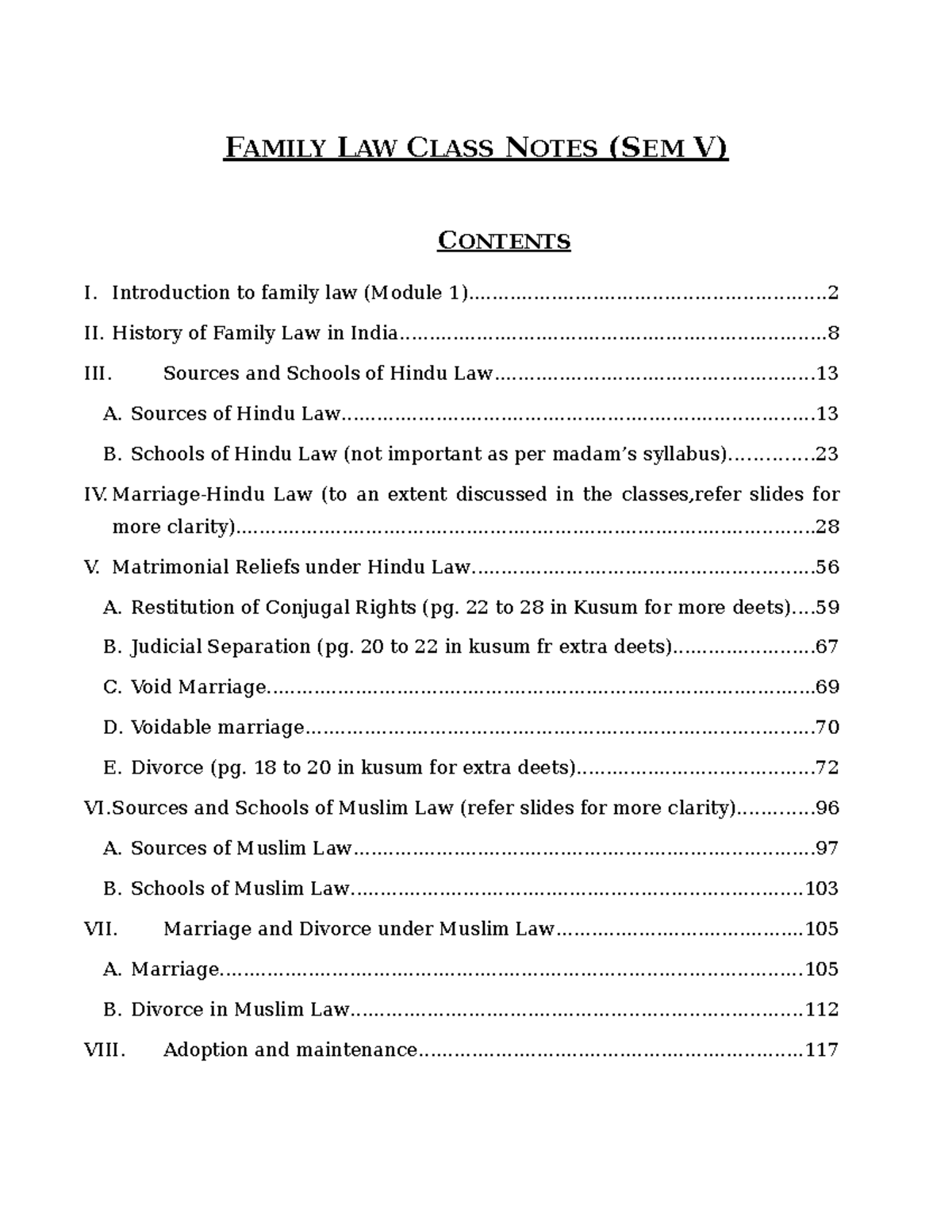 Family Law notes Sem V - FAMILY LAW CLASS NOTES (SEM V) I. Introduction ...