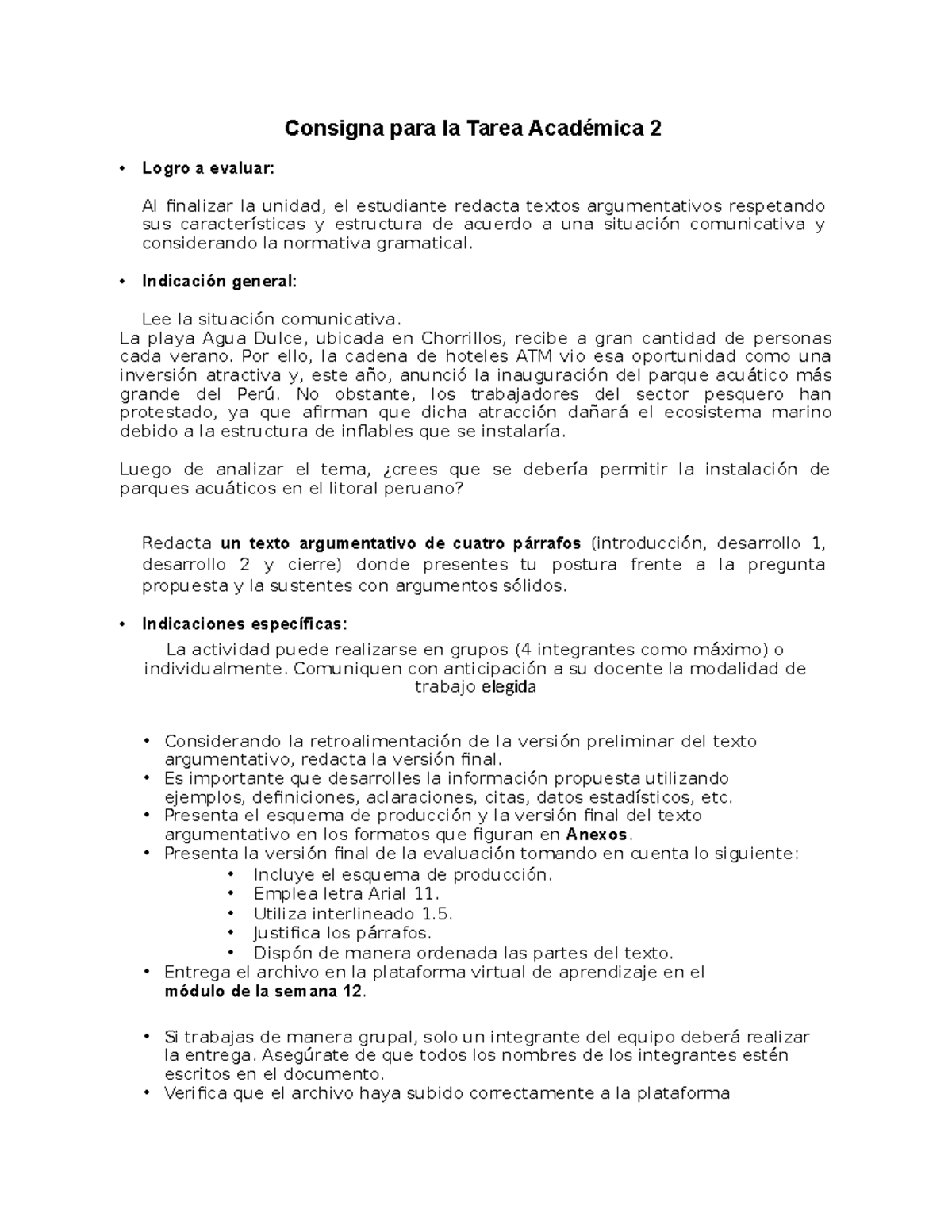 Tarea Académica 2 (TA2) 2 - Consigna para la Tarea Académica 2 • Logro a evaluar: Al finalizar ...