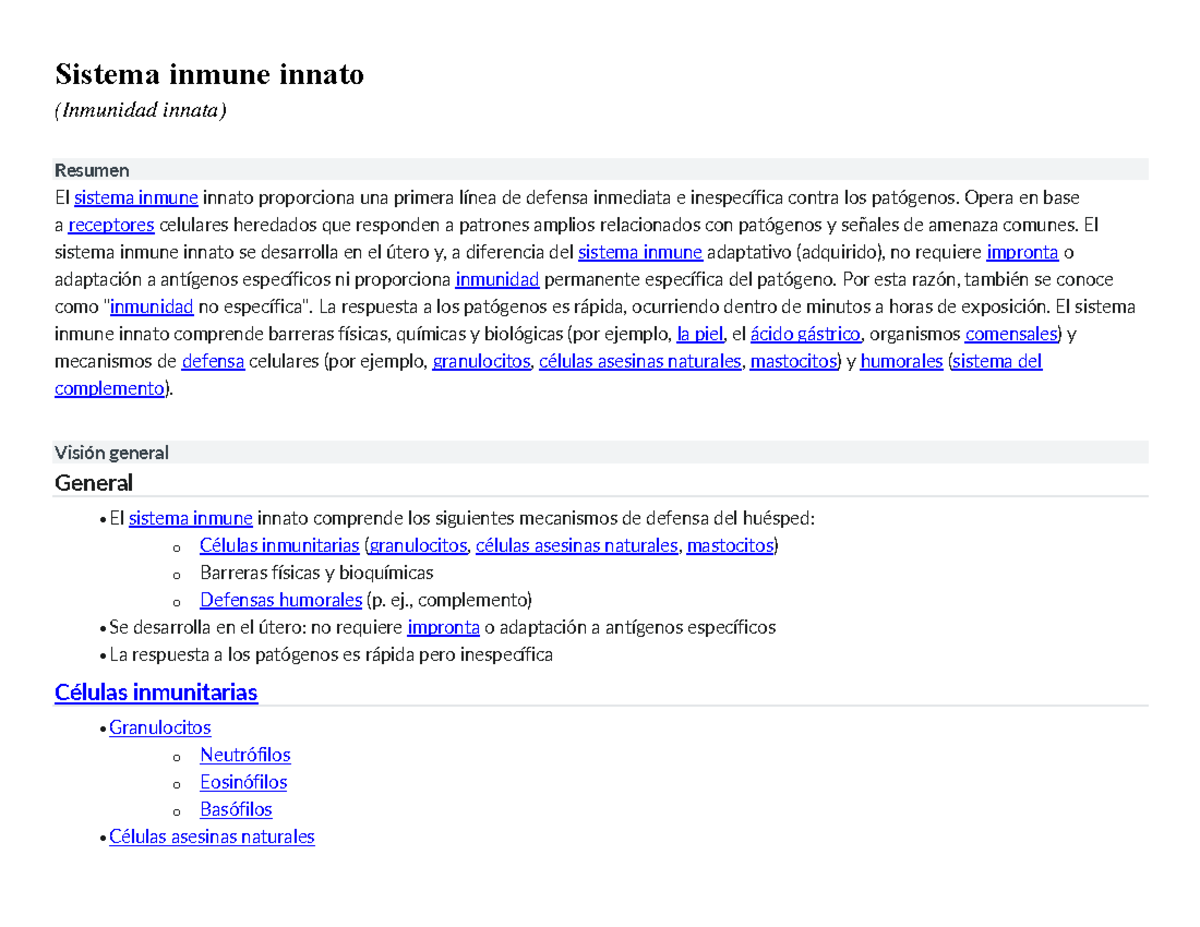 Sistema inmune innato - Opera en base a receptores celulares heredados ...