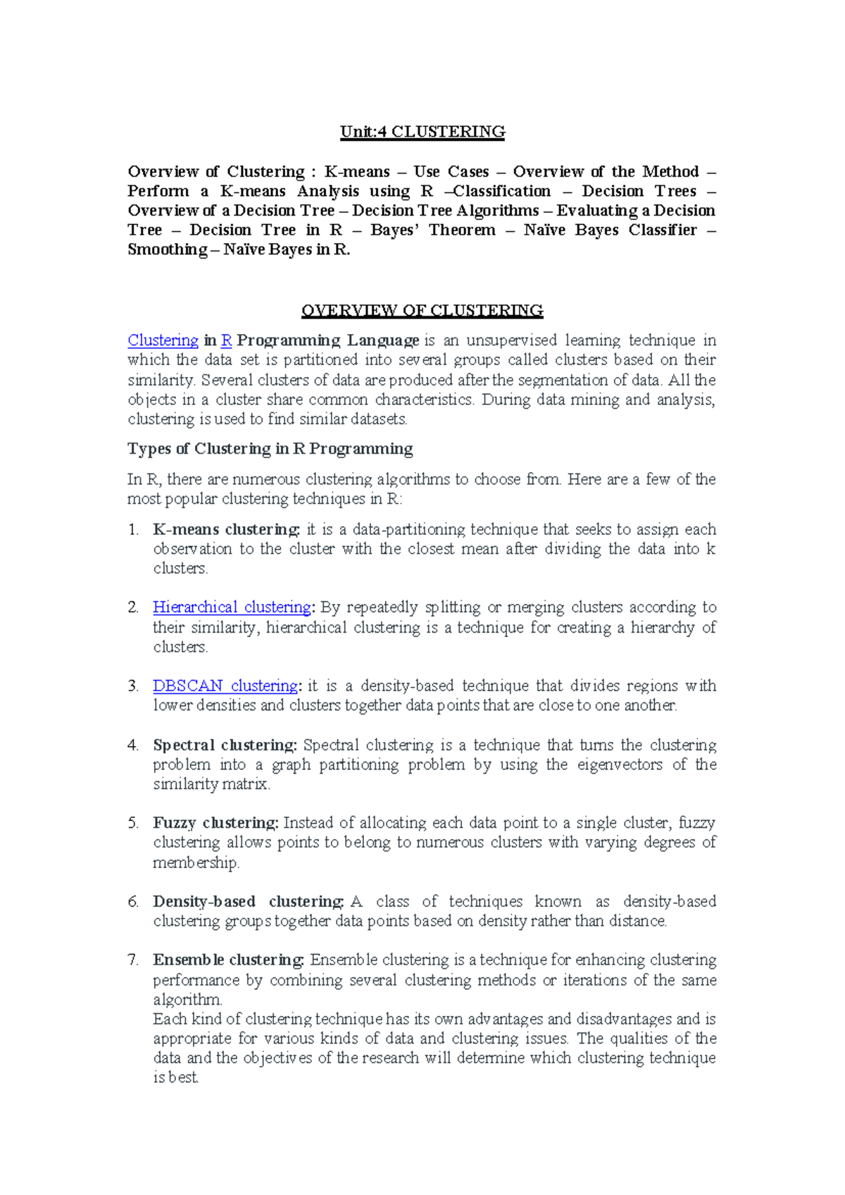 Data science unit 4 - BHARATHIYAR university - Unit:4 CLUSTERING Overview of Clustering : K ...