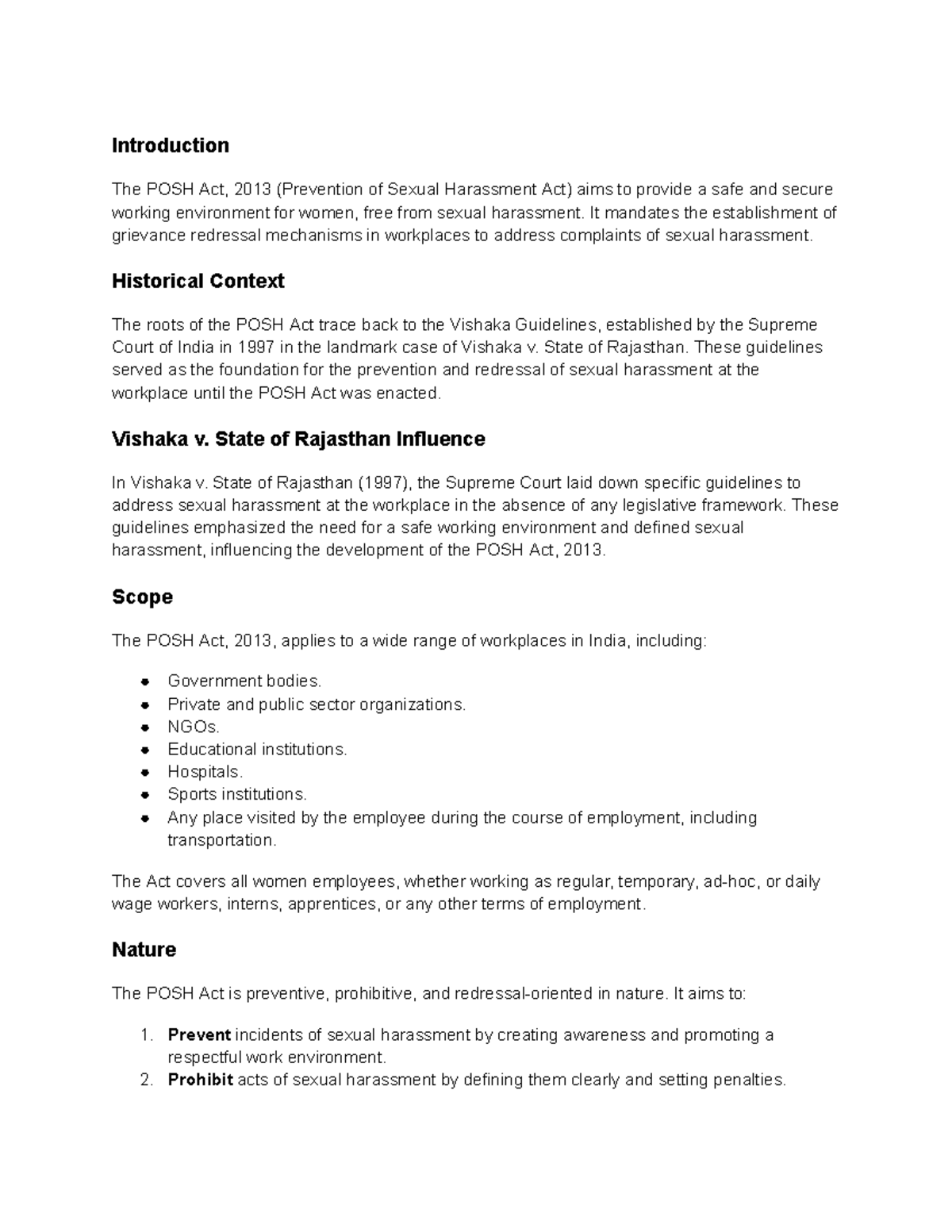 Posh Act, 2013 sailent features - Introduction The POSH Act, 2013 ...