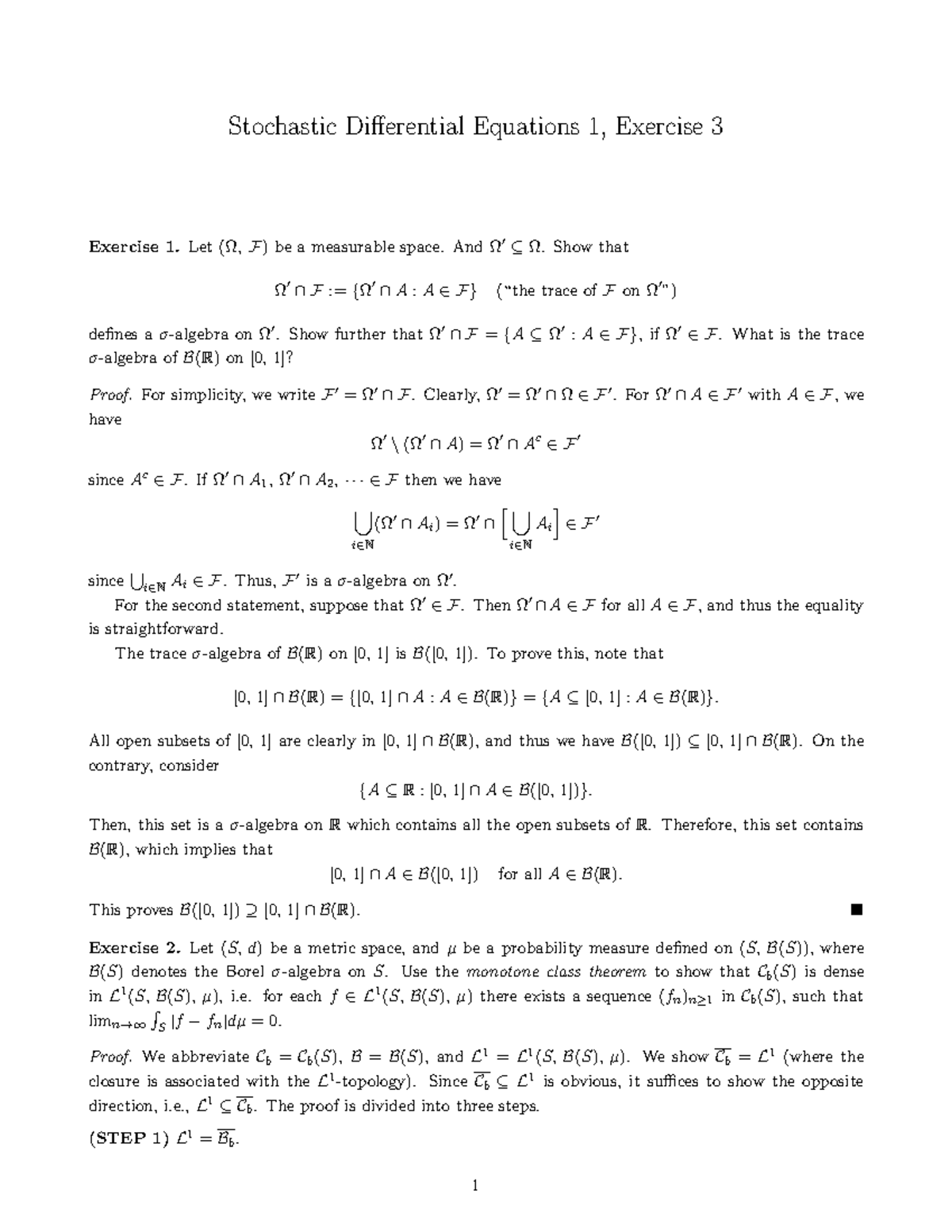 Sol3 - Solutions to homework - Stochastic Differential Equations 1 ...