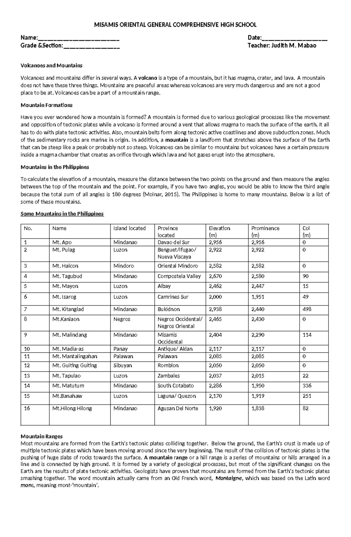 Activity Q1 mountain ranges - MISAMIS ORIENTAL GENERAL COMPREHENSIVE ...
