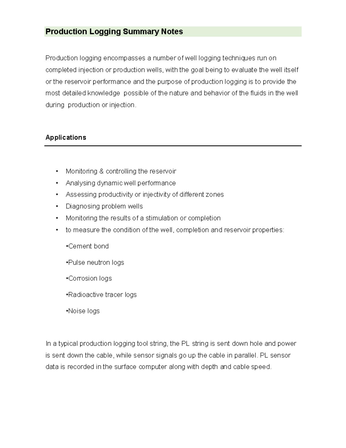 Production Logging Summary Notes - Production Logging Summary Notes ...