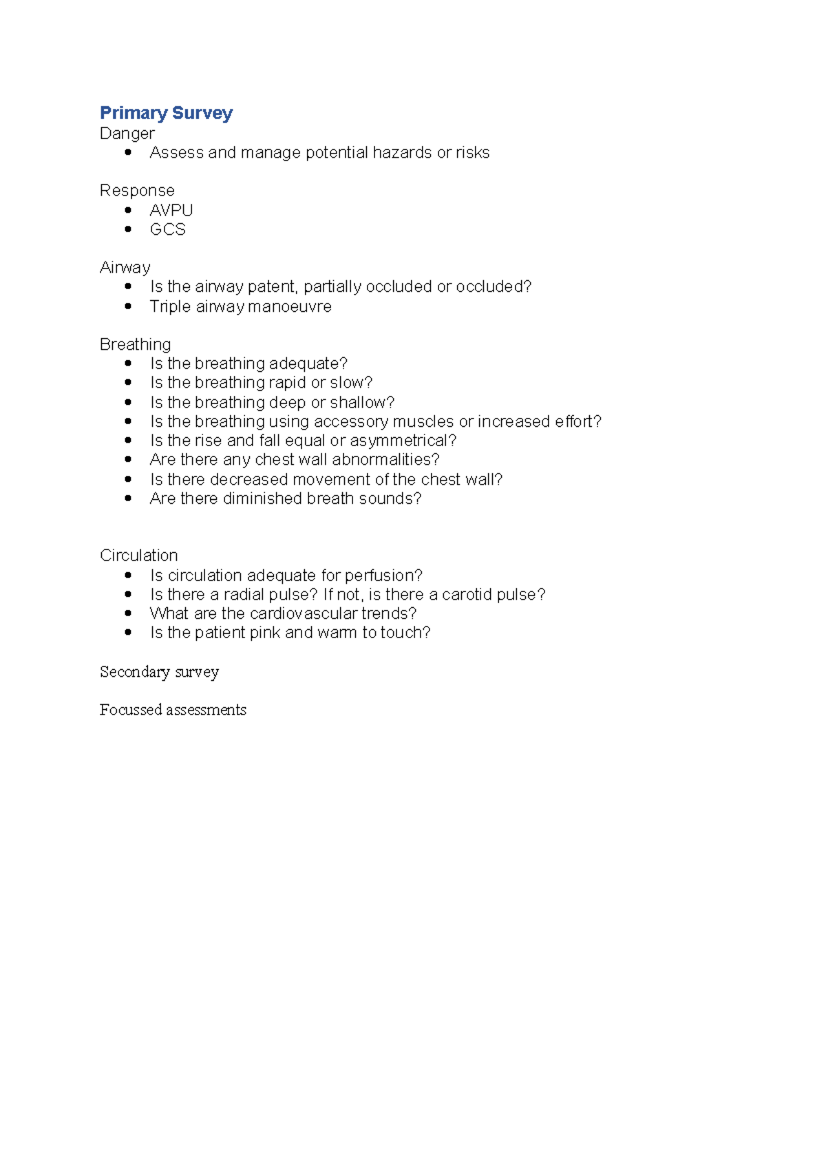 VIVA - VIVA - Primary Survey Danger Assess and manage potential hazards ...