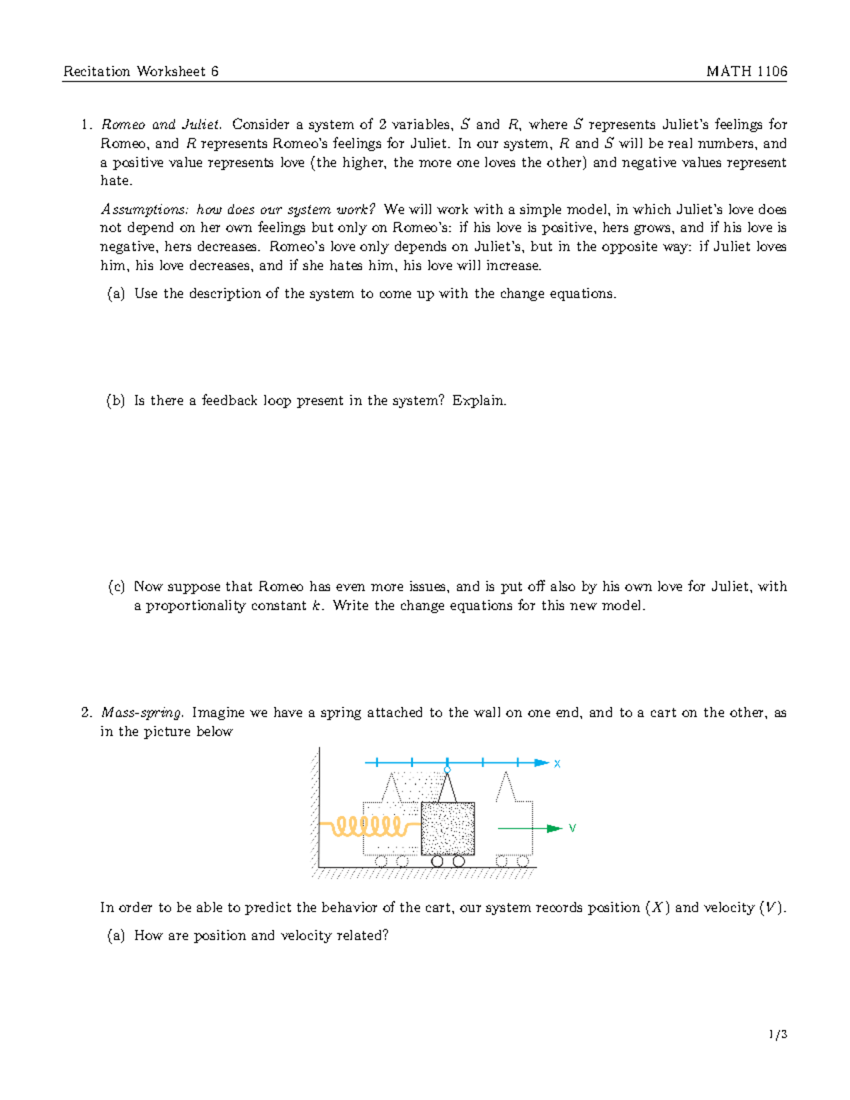 Recitation student class 6 - Recitation Worksheet 6 MATH 1106 Romeo and ...