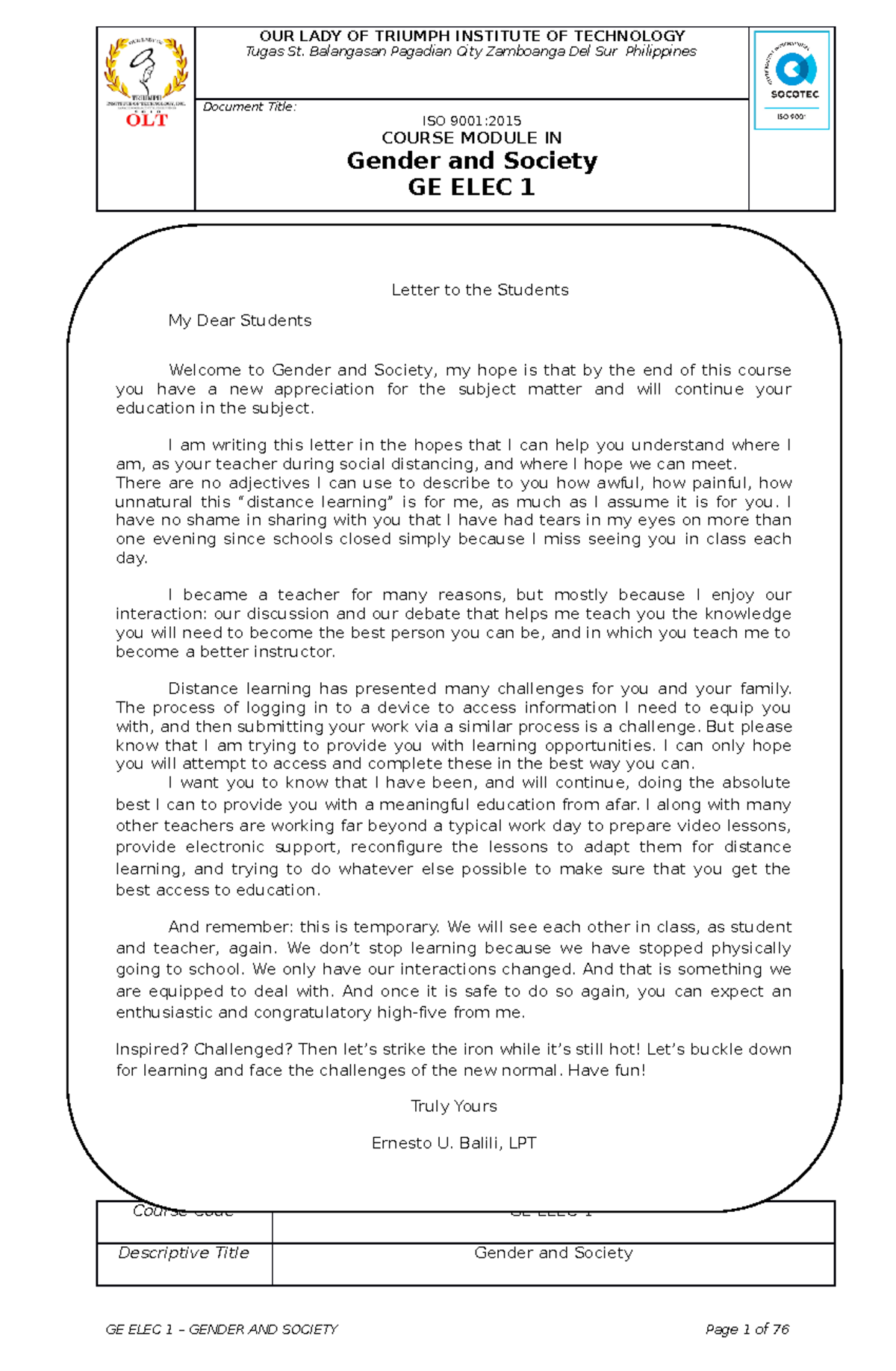 GE ELEC 1 - This will help you - OUR LADY OF TRIUMPH INSTITUTE OF ...