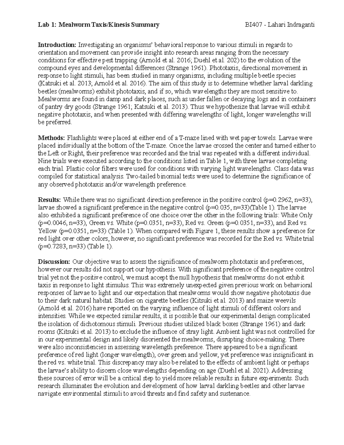 Sample Summary 1 - Mealworm Taxis - Lab 1: Mealworm Taxis/Kinesis ...