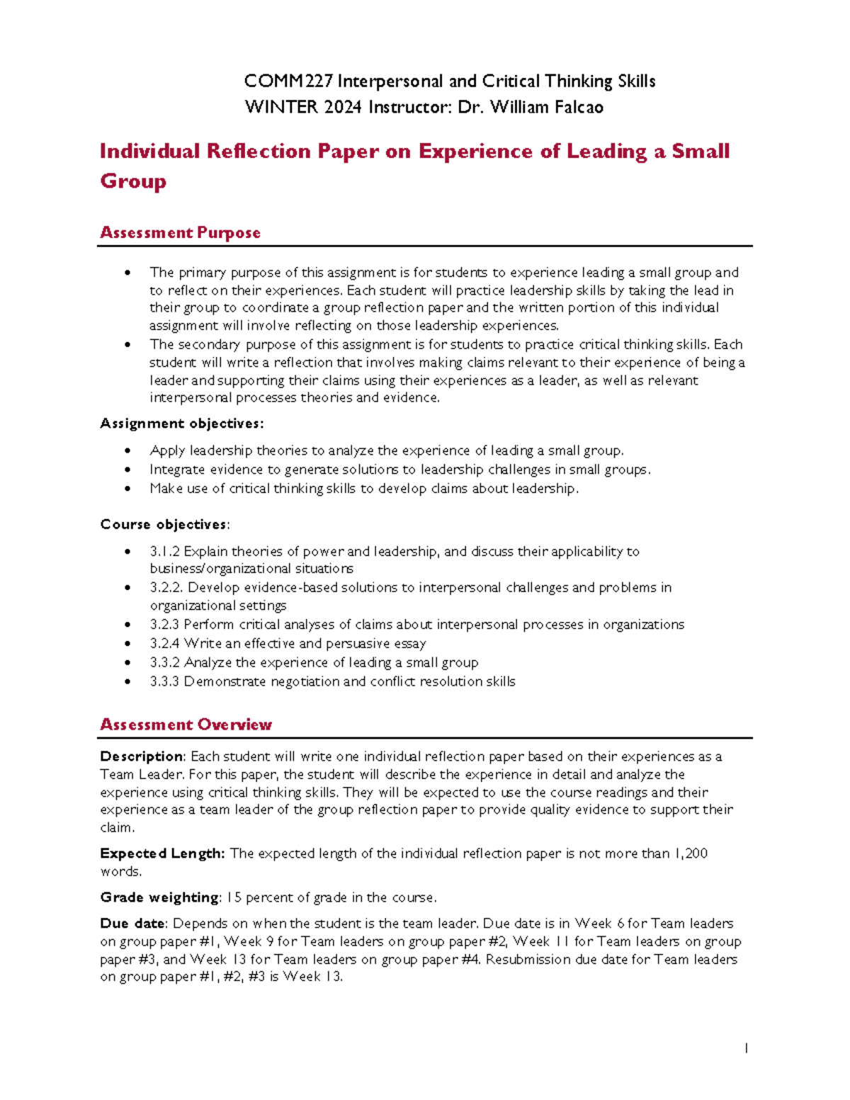 COMM 227 Individual reflection paper guidelines W2024 - COMM227 ...