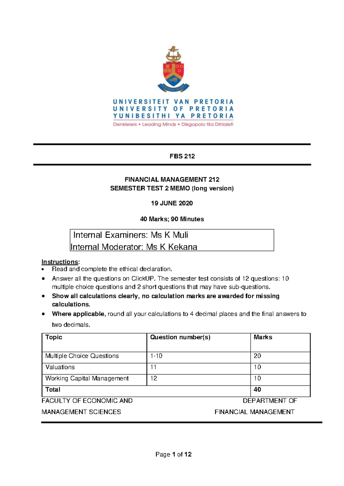 2020 Semester TEST 2 Paper FBS 212 - FBS 212 FINANCIAL MANAGEMENT 212 ...