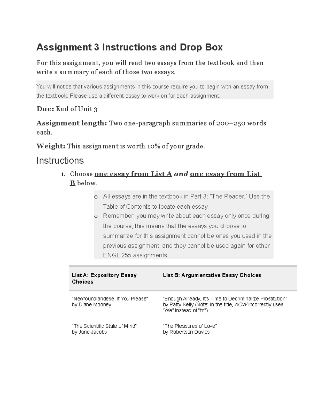 Assignment 3, 4 and 6 - Assignment 3 Instructions and Drop Box For this assignment, you will ...