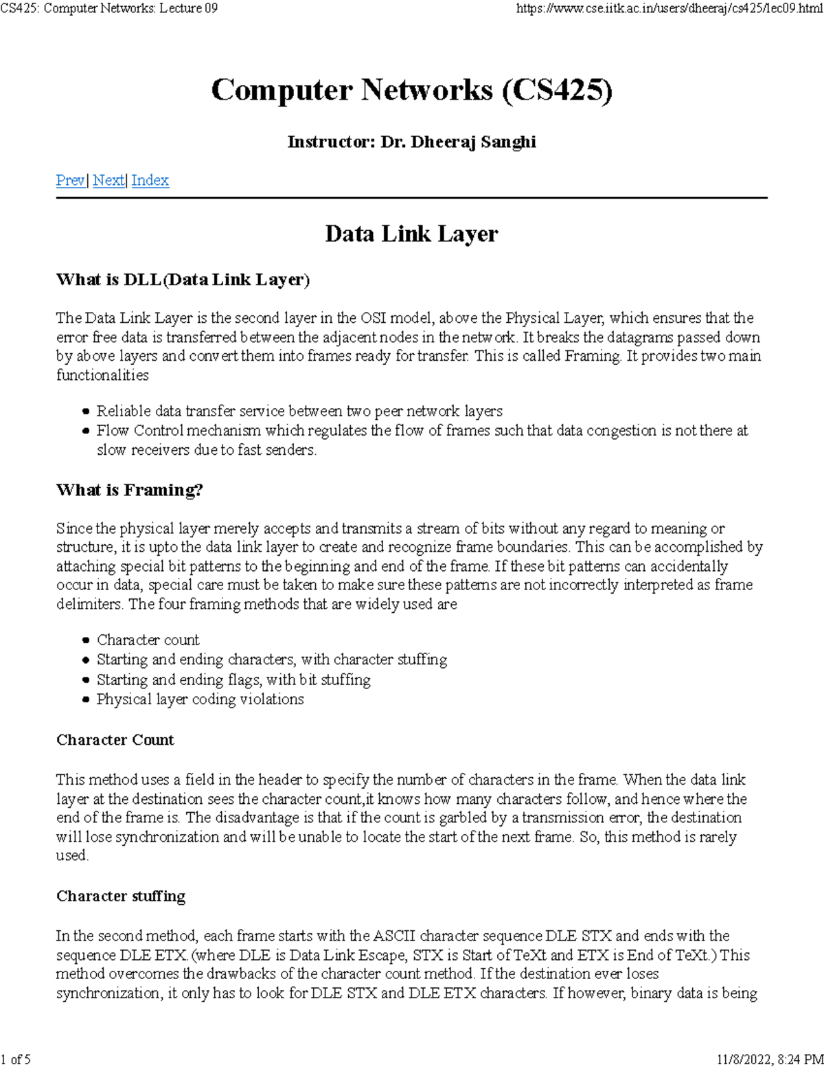 Data Link Layer-iitk - ds dghg - Computer Networks (CS425) Instructor: Dr. Dheeraj Sanghi Prev ...