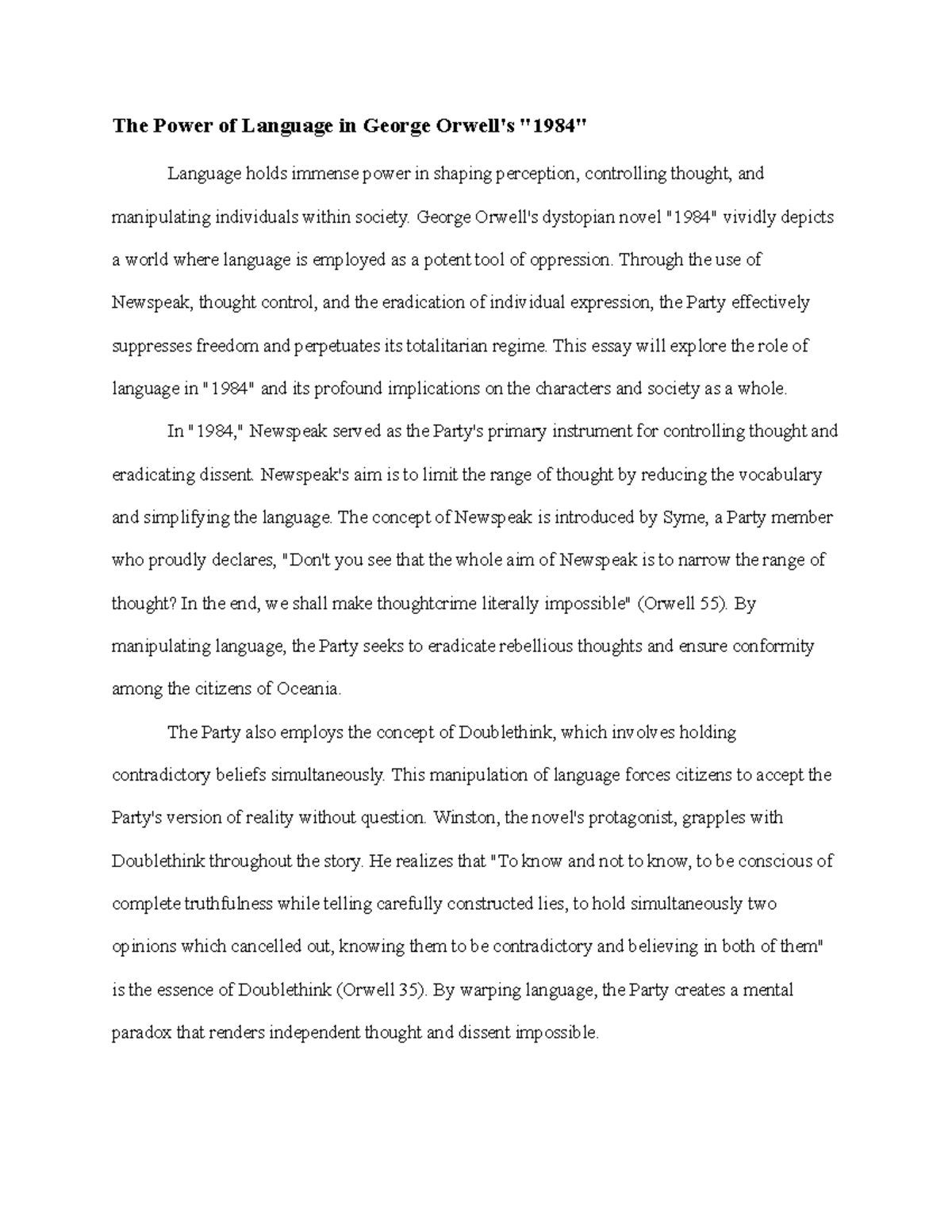 The Power of Language in George Orwell's 1984 - George Orwell's ...