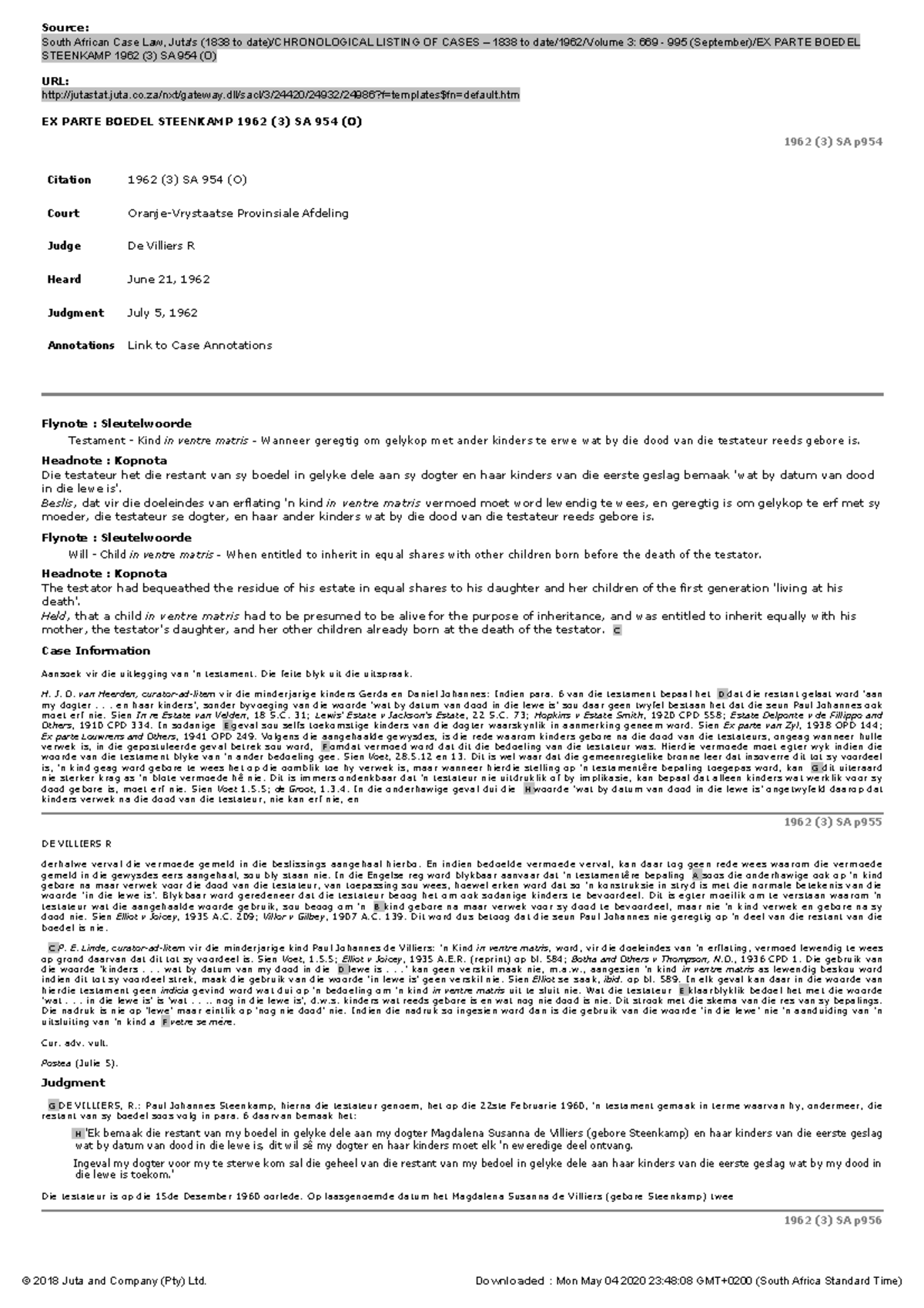EX Parte Boedel Steenkamp 1962 (3) SA 954 (O) (week1 case) - Source ...