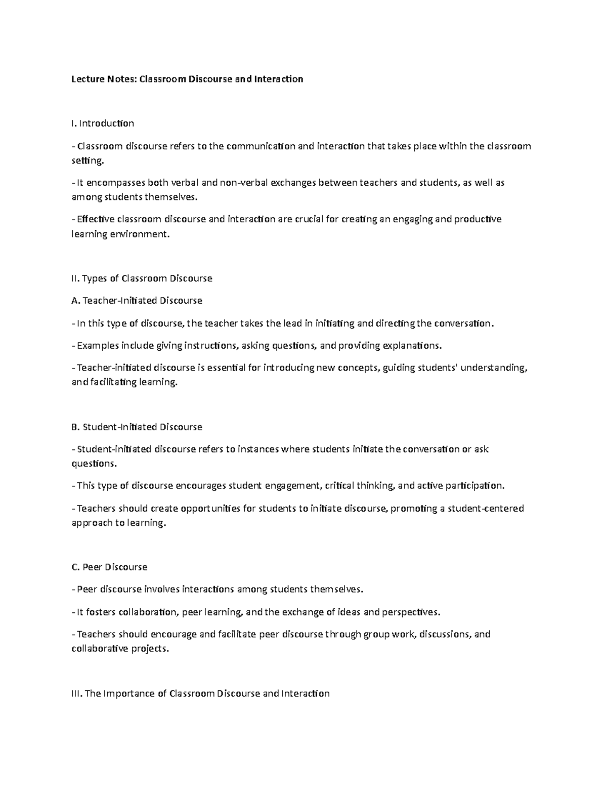 Lecture Notes: Classroom Discourse and Interaction - Introduction ...