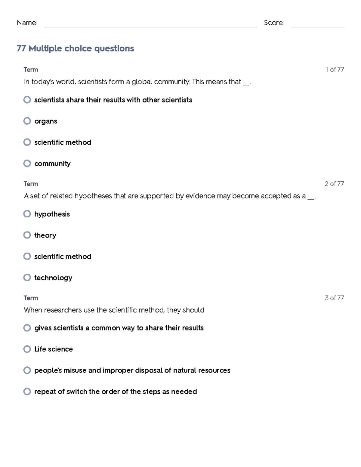 100 Science Questions (Exam Practice) - Name: Score: 77 Multiple choice ...