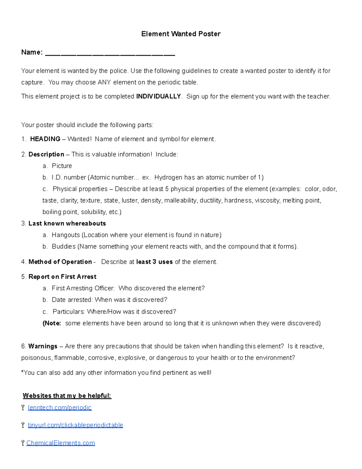 Copy of Element Most Wanted Poster - Element Wanted Poster Name