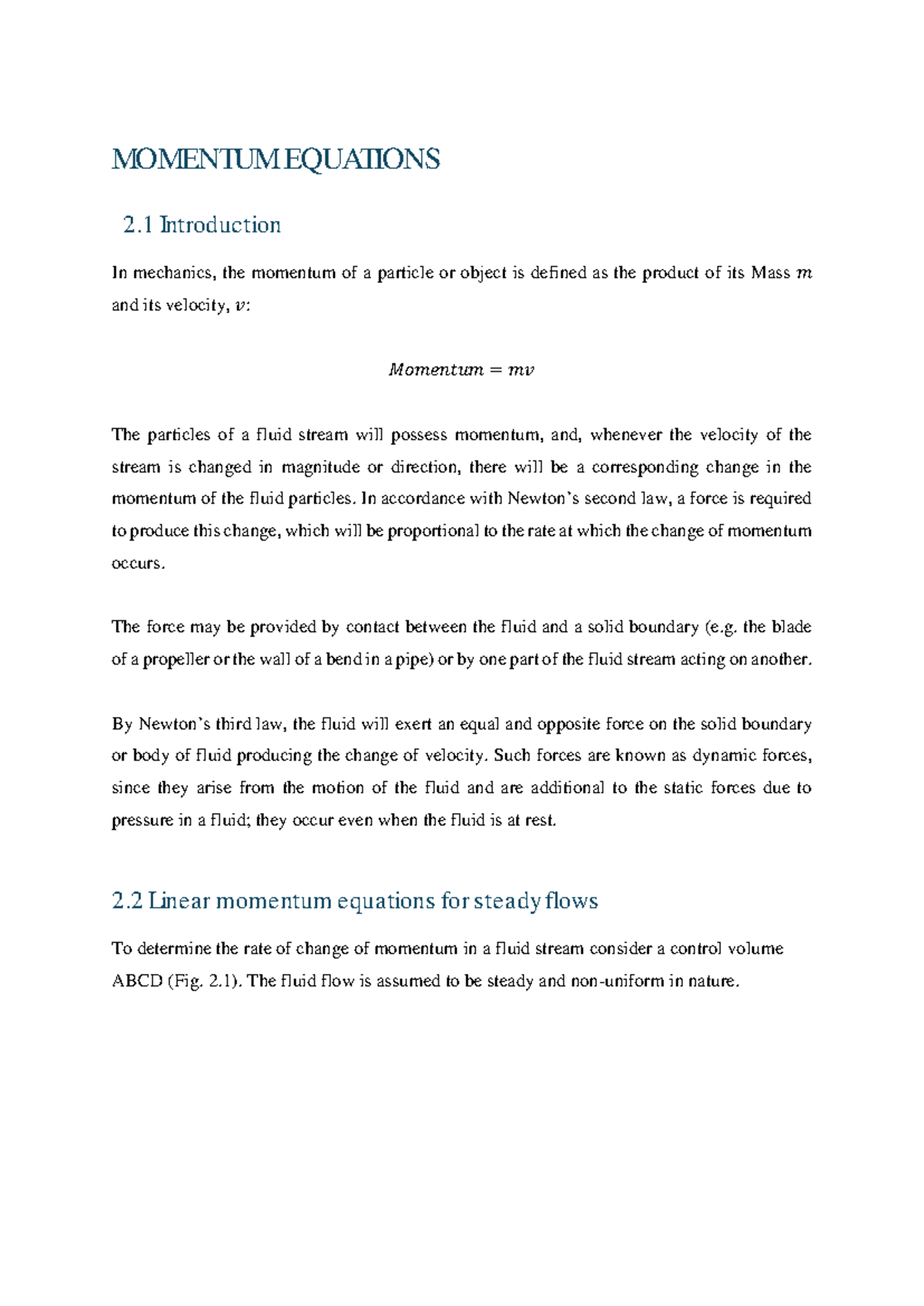 Momentum Equations - Fluid mechanics notes on momentun - MOMENTUM ...