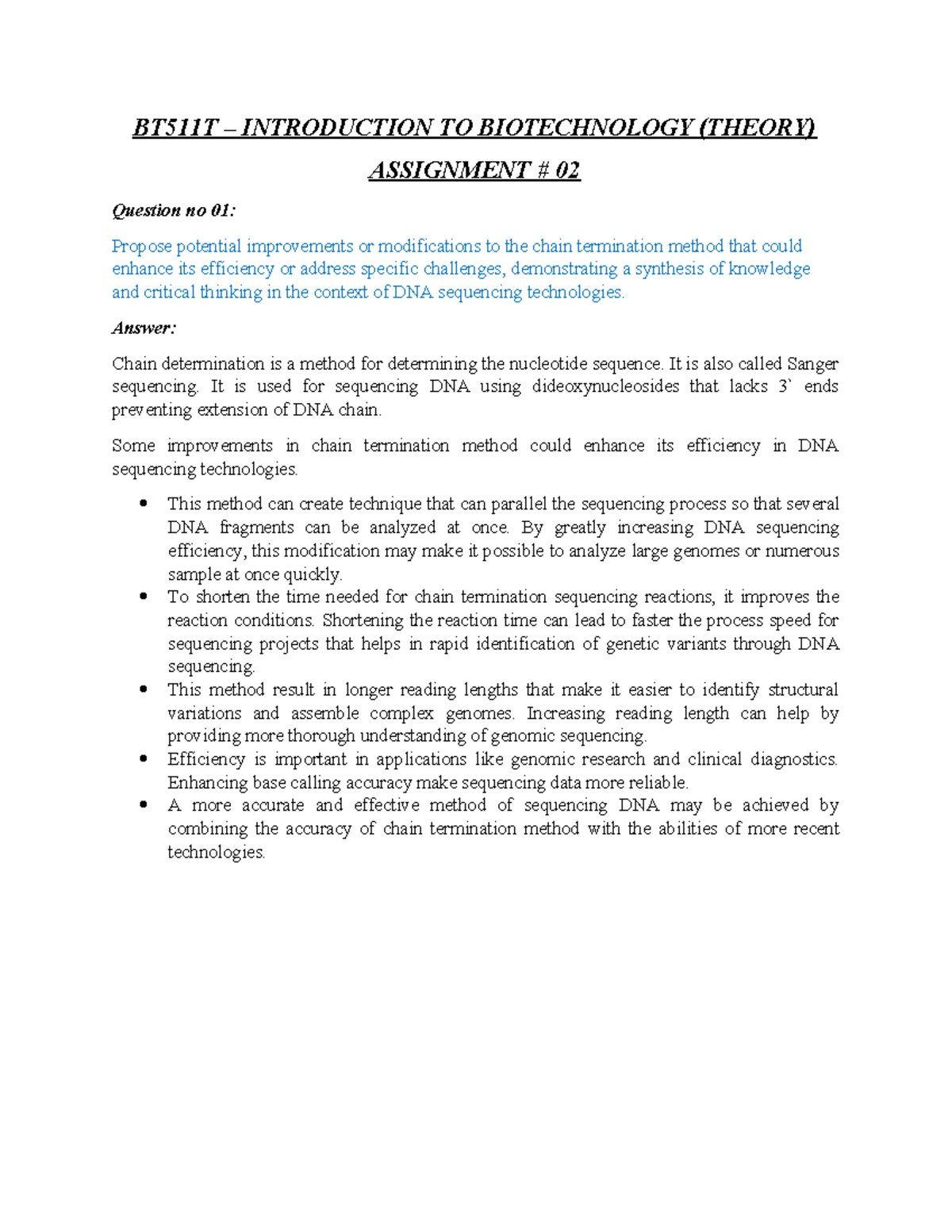 Bt511T assignment 2 - DNA sequencing by - BT511T – INTRODUCTION TO ...