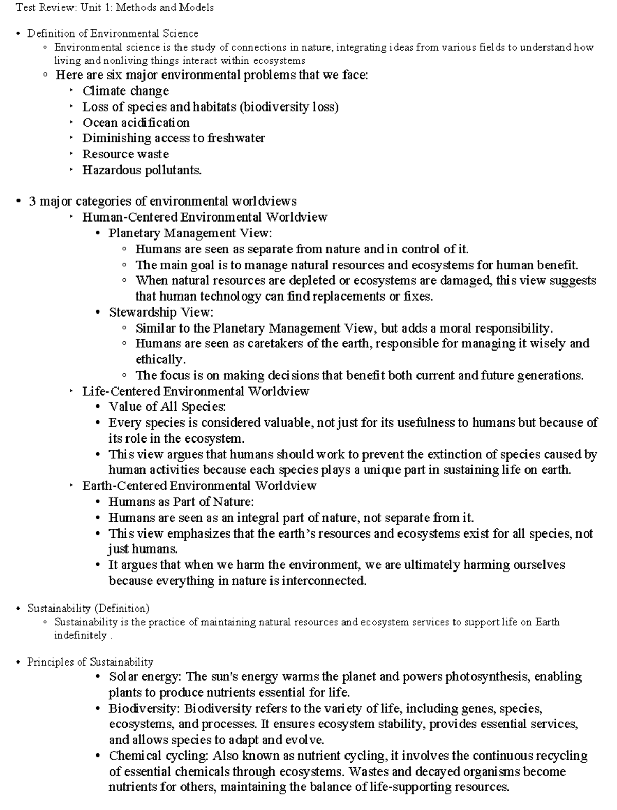APES unit 1 review based on notes - Test Review: Unit 1: Methods and ...
