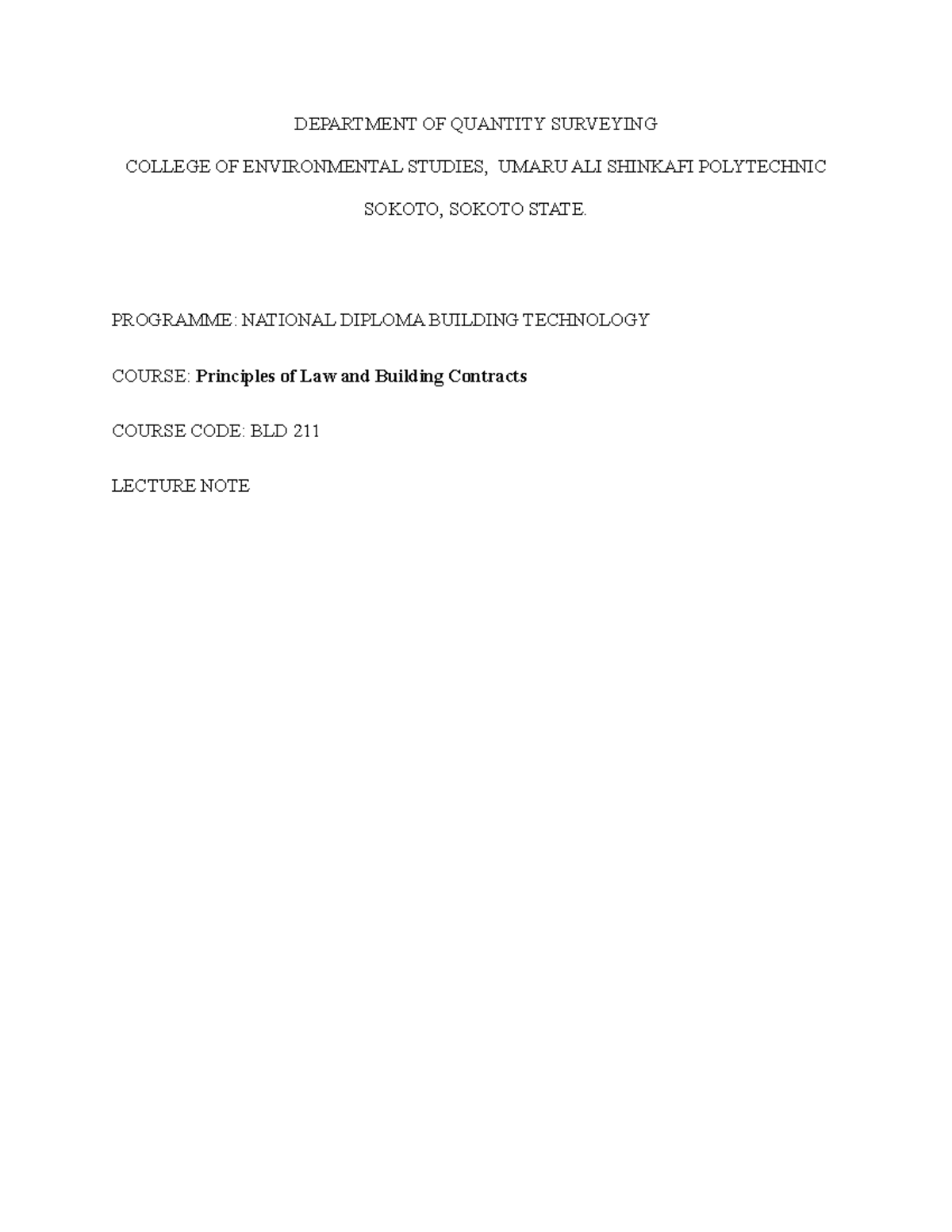 BLD 211 Principles of Law and Building Contracts - DEPARTMENT OF ...