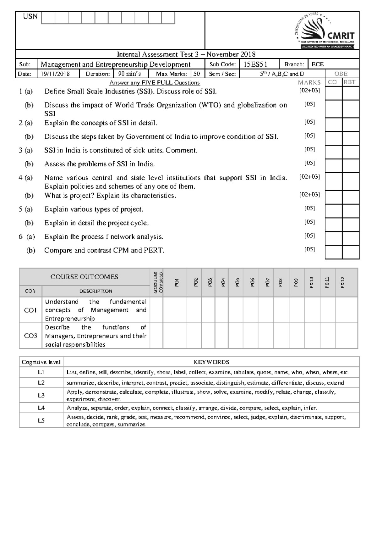IAT-III Question Paper with Solution of 15ES51 Management AND ...