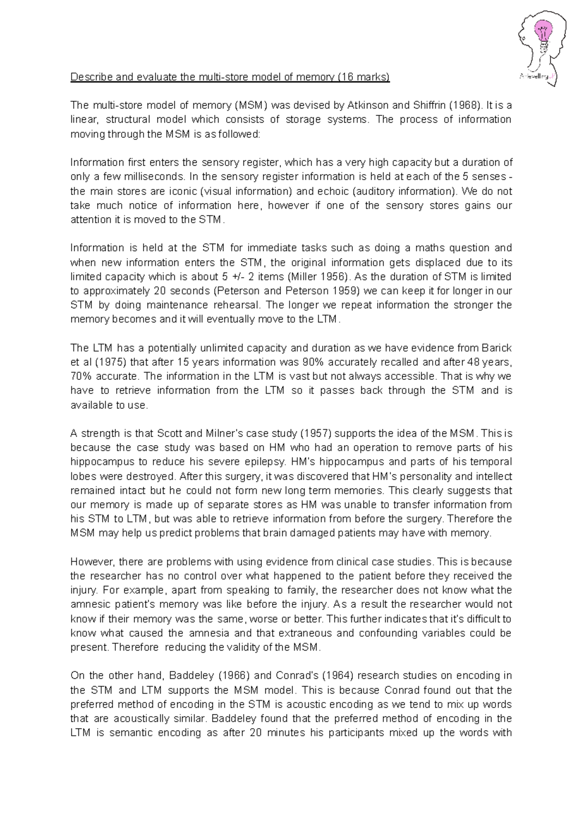 Multi-store Model - psychology msm notes - Describe and evaluate the ...