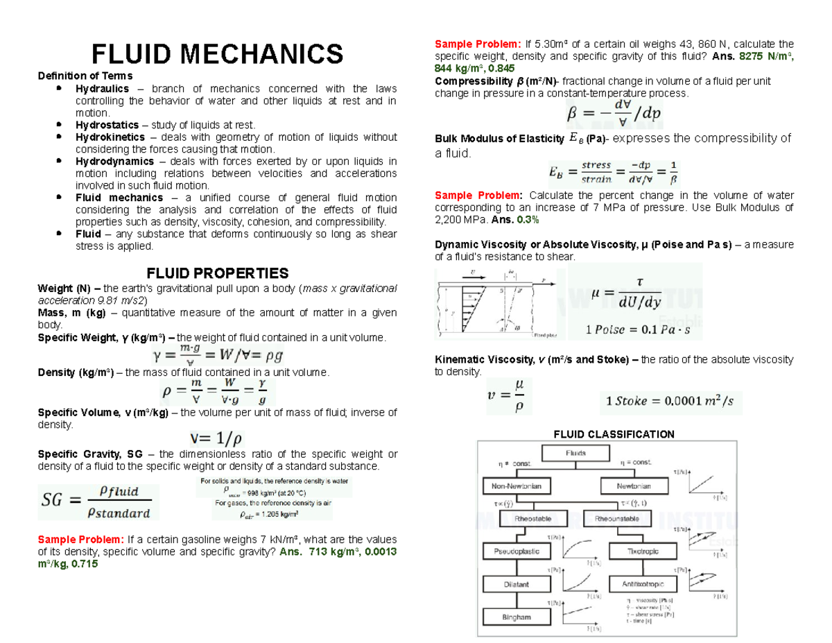 Fluid Mechanics - NOTES - FLUID MECHANICS Definition of Terms ...