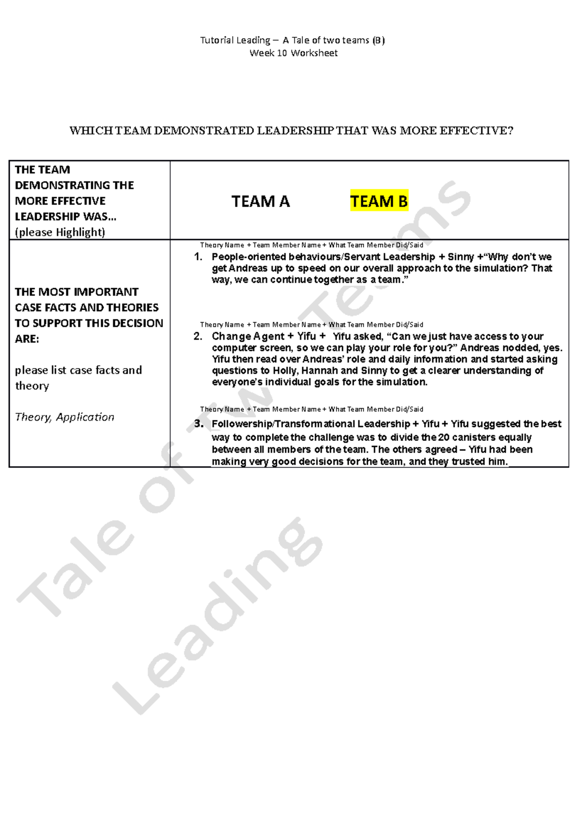 Week 10 Worksheet - Tale of Two Teams (B)(1) 2 - Week 10 Worksheet ...