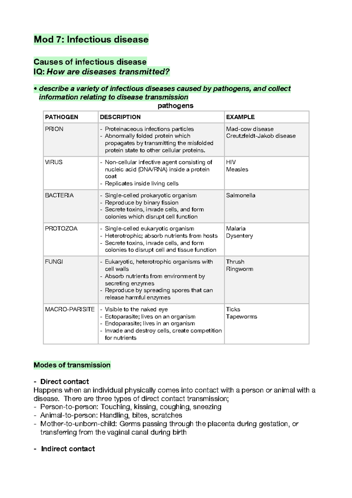 Module 7 - All Notes - Mod 7: Infectious disease Causes of infectious ...