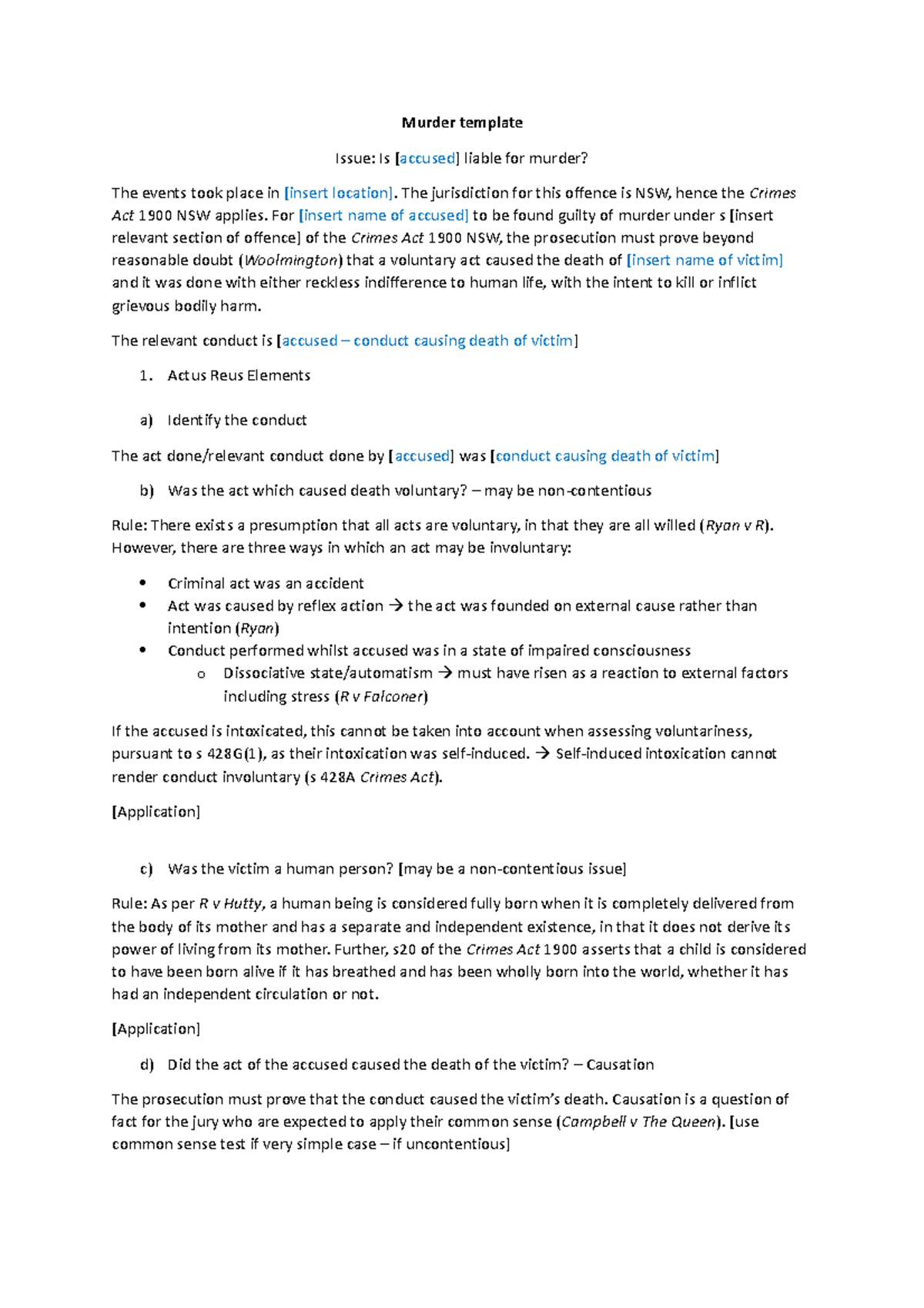 Murder-template - Murder Template - Murder template Issue: Is [accused ...