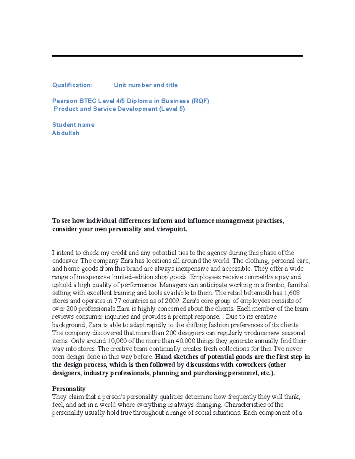 unit 2 Zara Brand - Qualification: Unit number and title Pearson BTEC ...